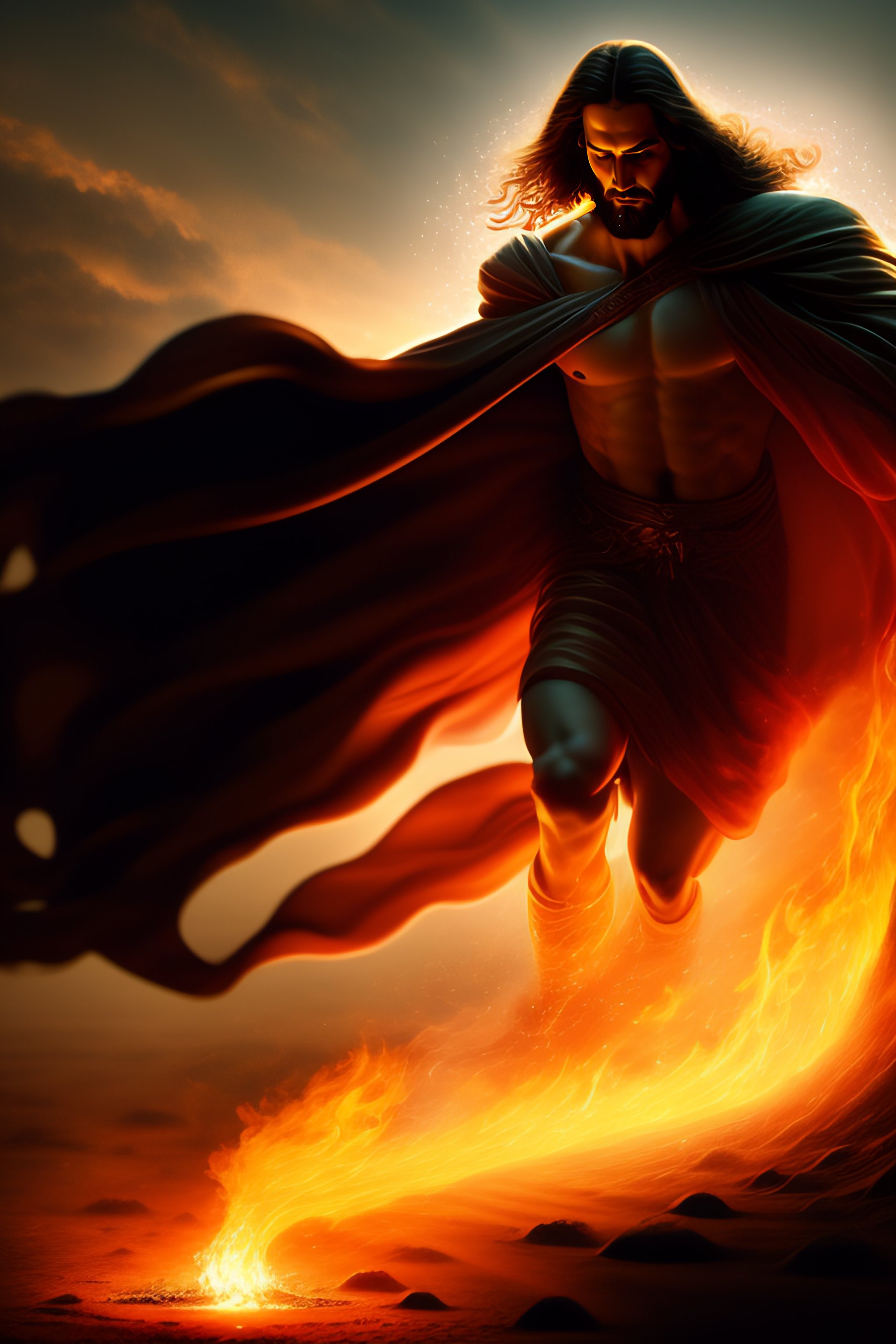 Lexica - Jesus running away from lucifer holding a knife