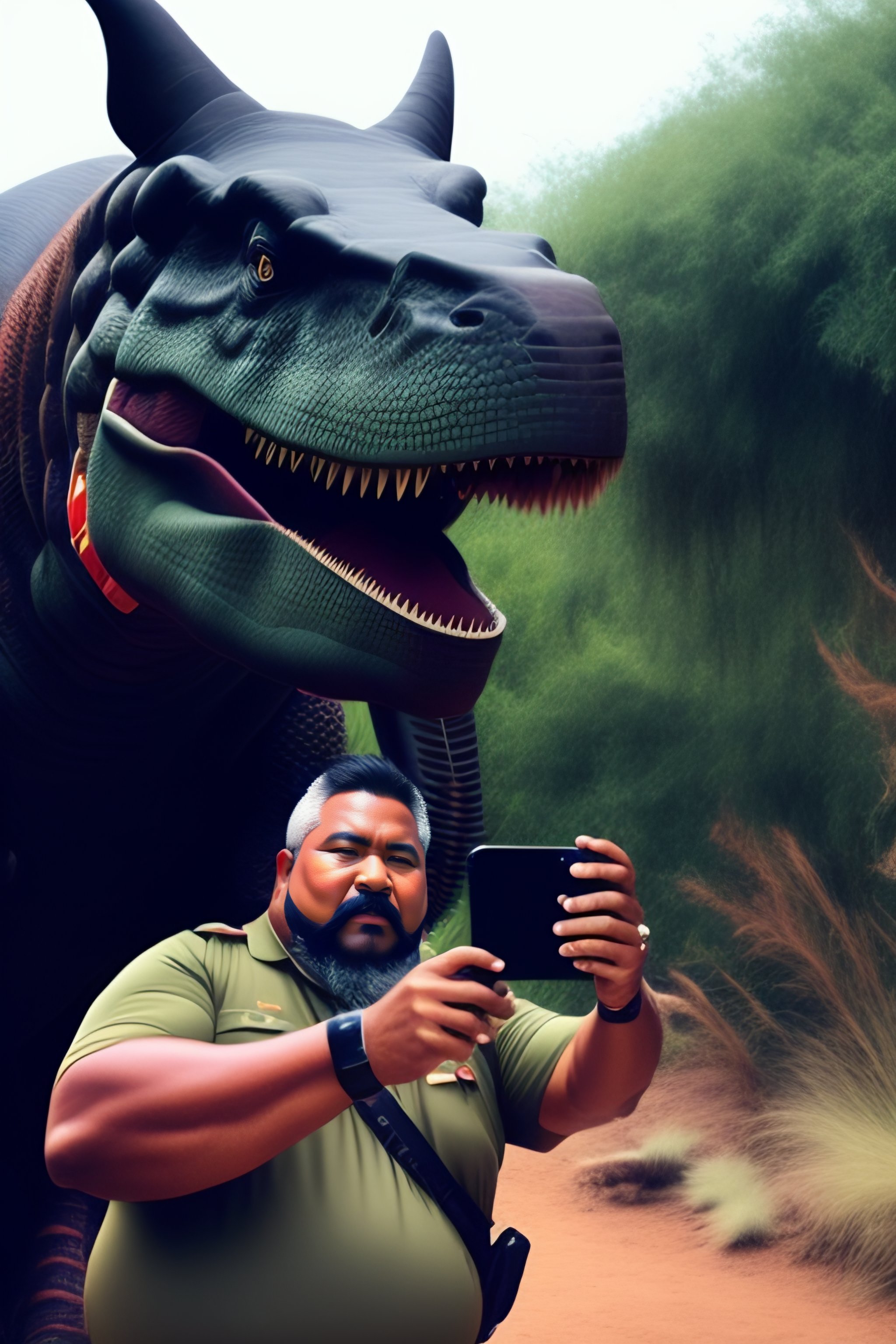 Lexica - Banderitax Taking a selfie with a t-rex