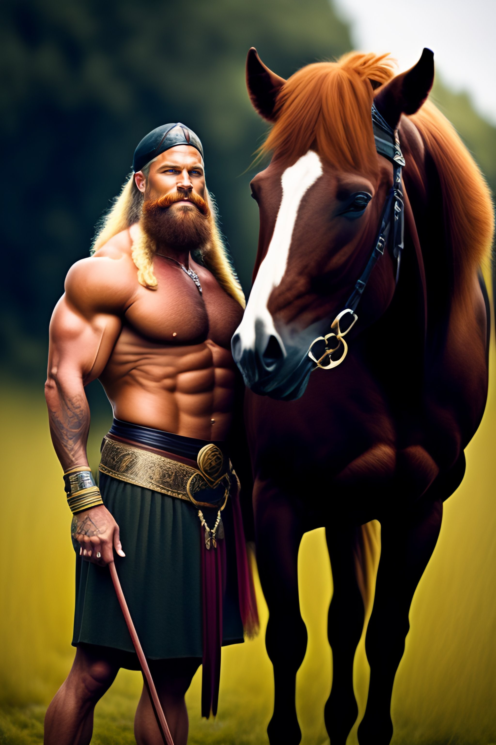 Lexica - A muscular viking holding a horse