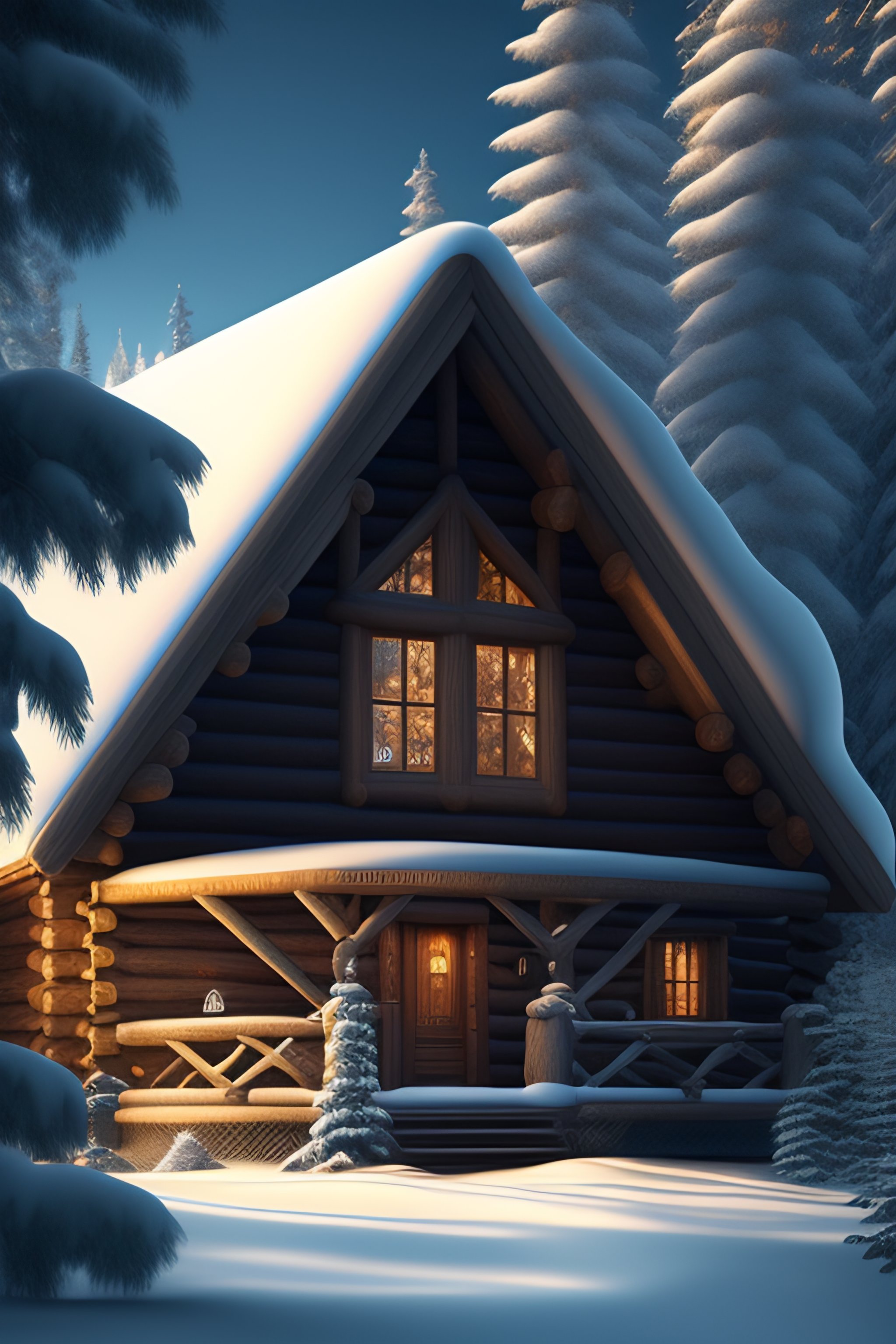 Lexica - Cabin in the woods, friendly bears, snowy mountains, perfect symmetry, post-processing ...