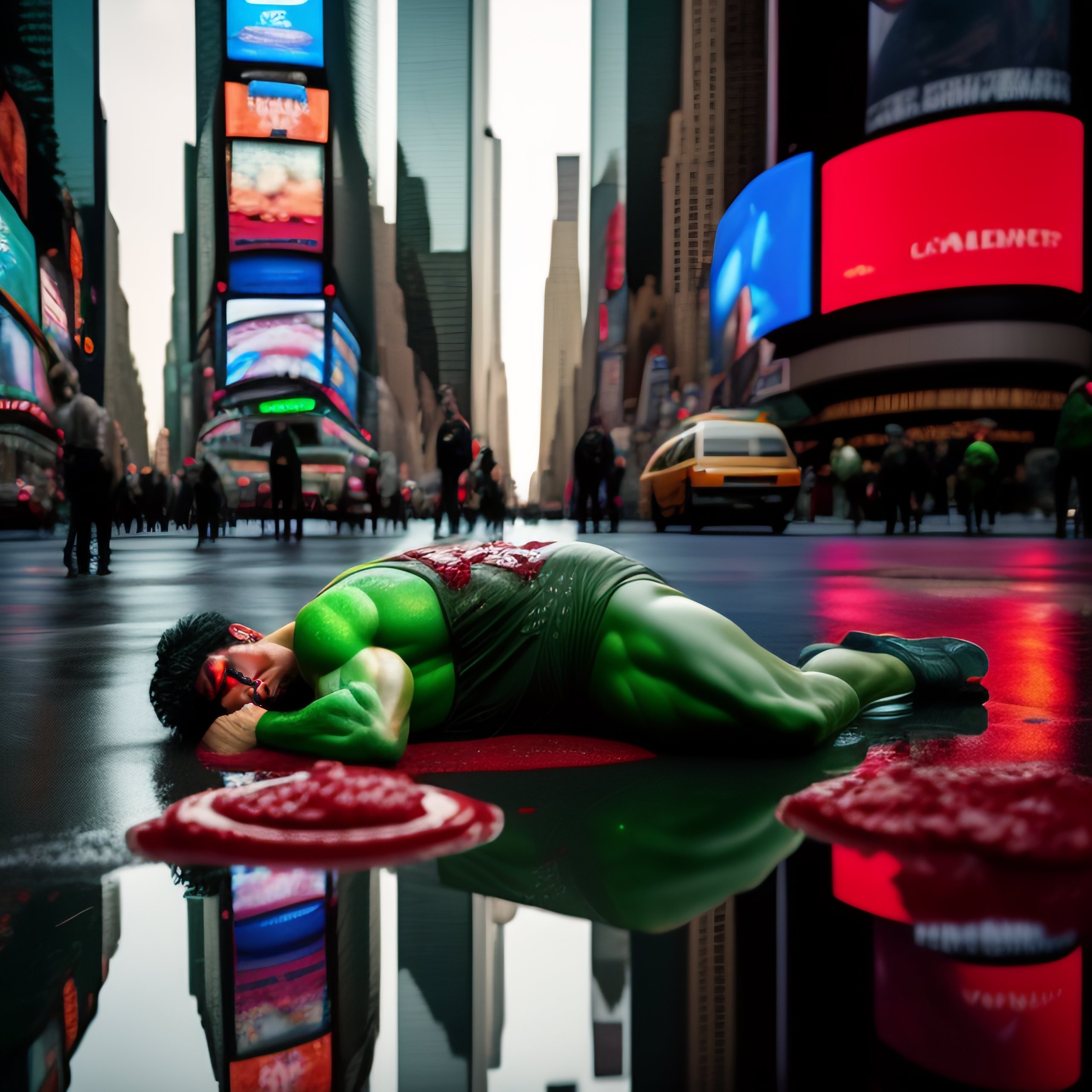 Lexica - The incredible hulk lying dead with a puddle of blood on times ...