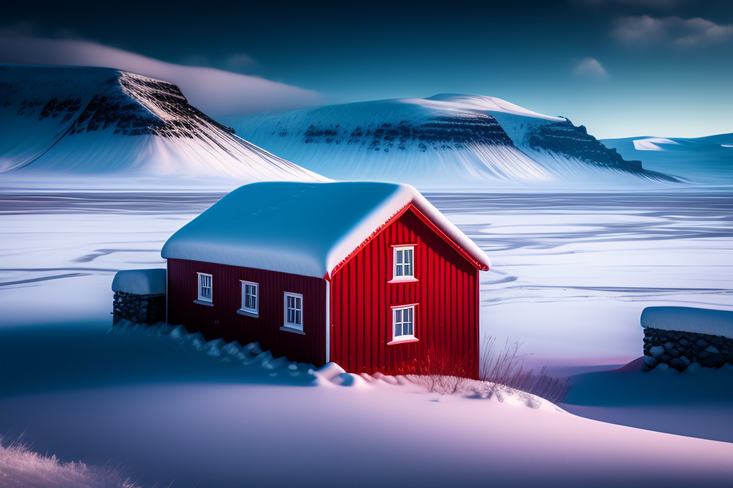 Lexica - A cold landscape with a red house, iceland, snow, ice, cold ...