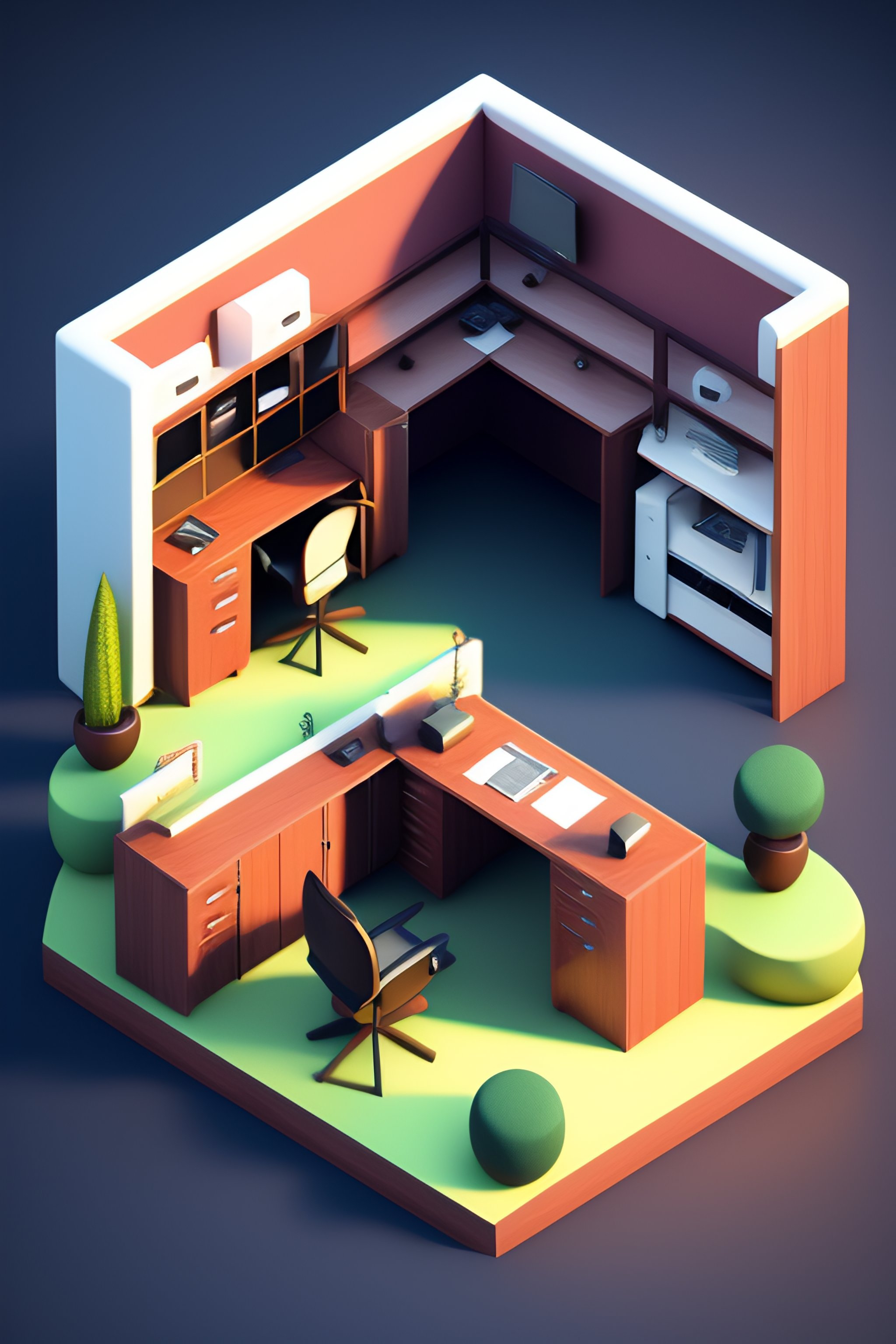 Lexica - Realistic 3D render of an isometric office in a low poly art style, office workers ...