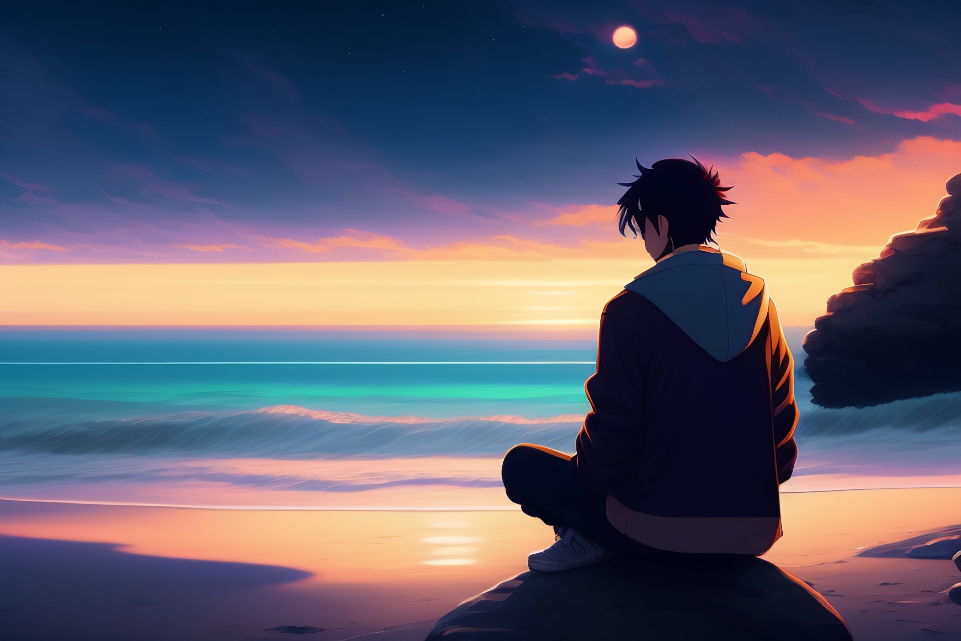 Lexica - Beautiful anime painting of back of a man from a far with dark ...