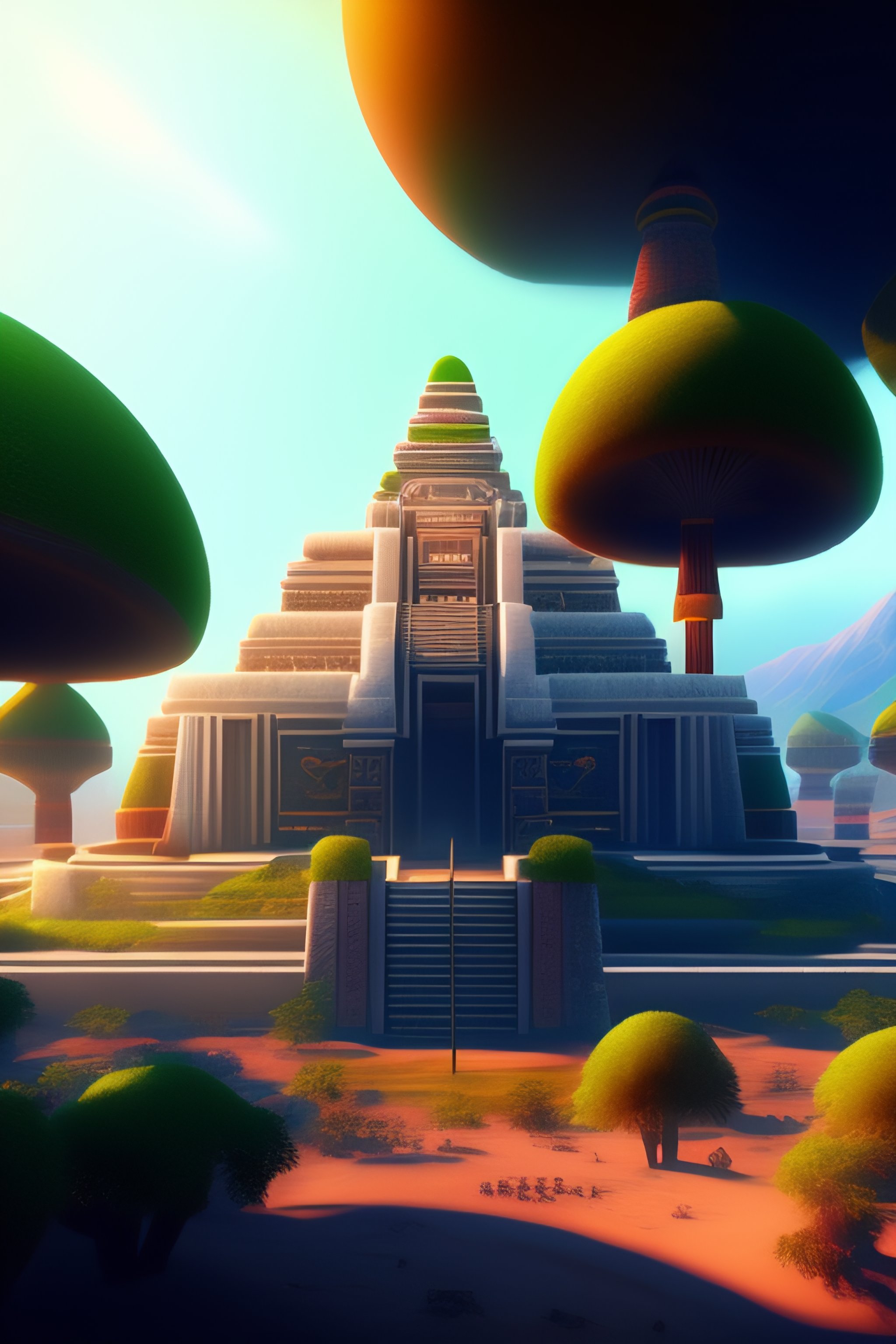Lexica - White Aztec temple with a library in a green desert, acid ...