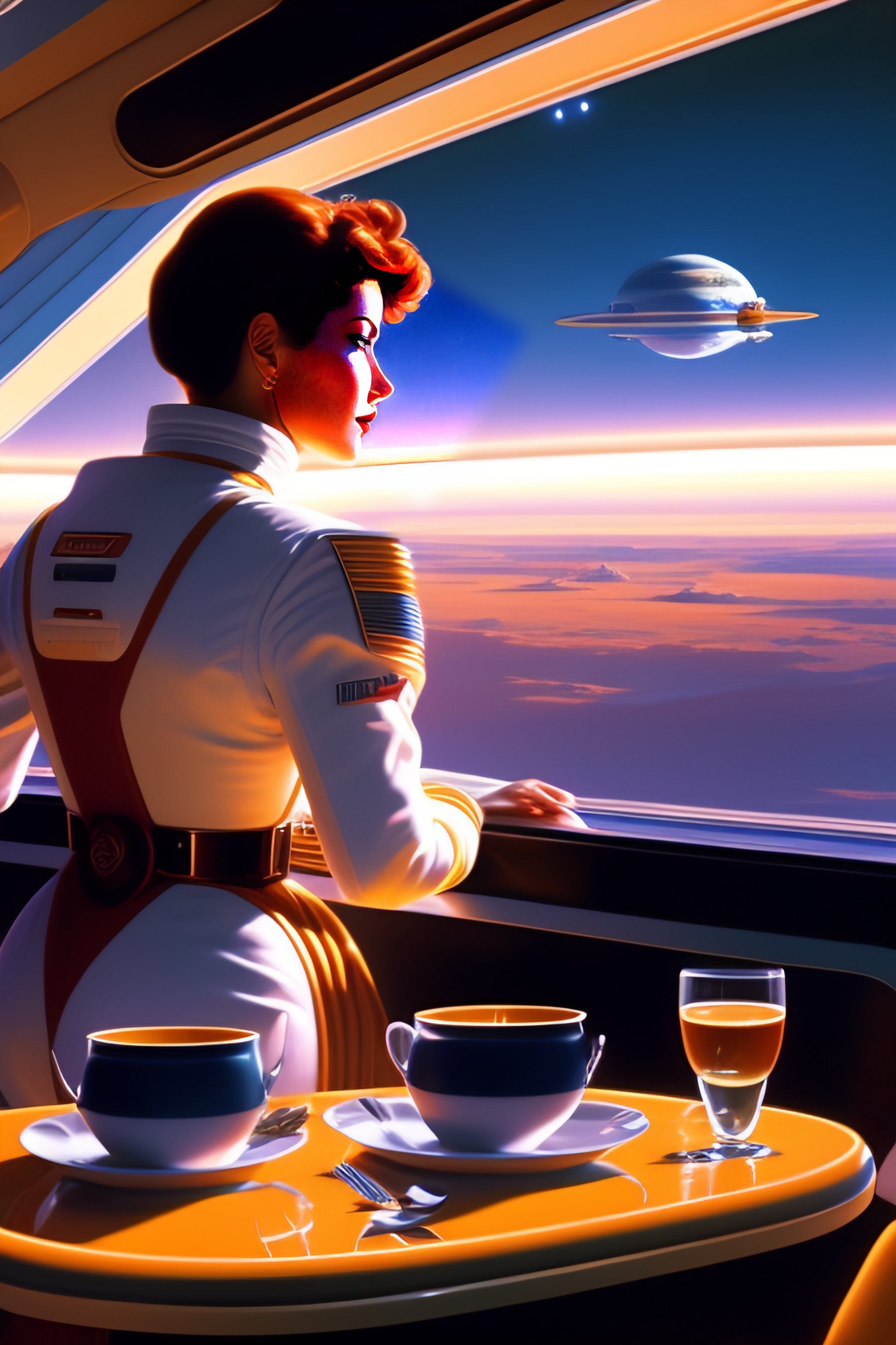 Lexica - "Starship captain having breakfast in space, large wide ...