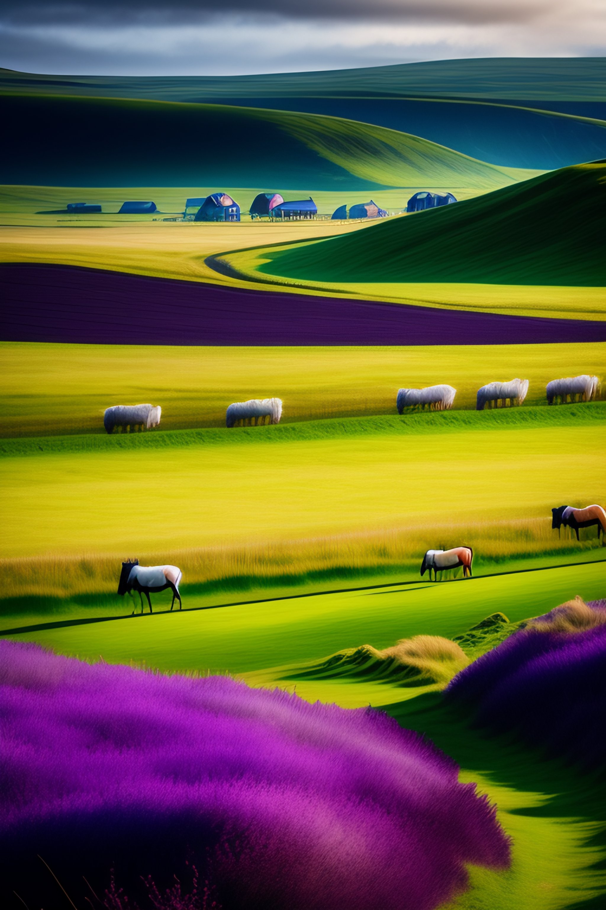 Lexica - Rural Iceland pastoral, green grass, sunny day, horses in the ...