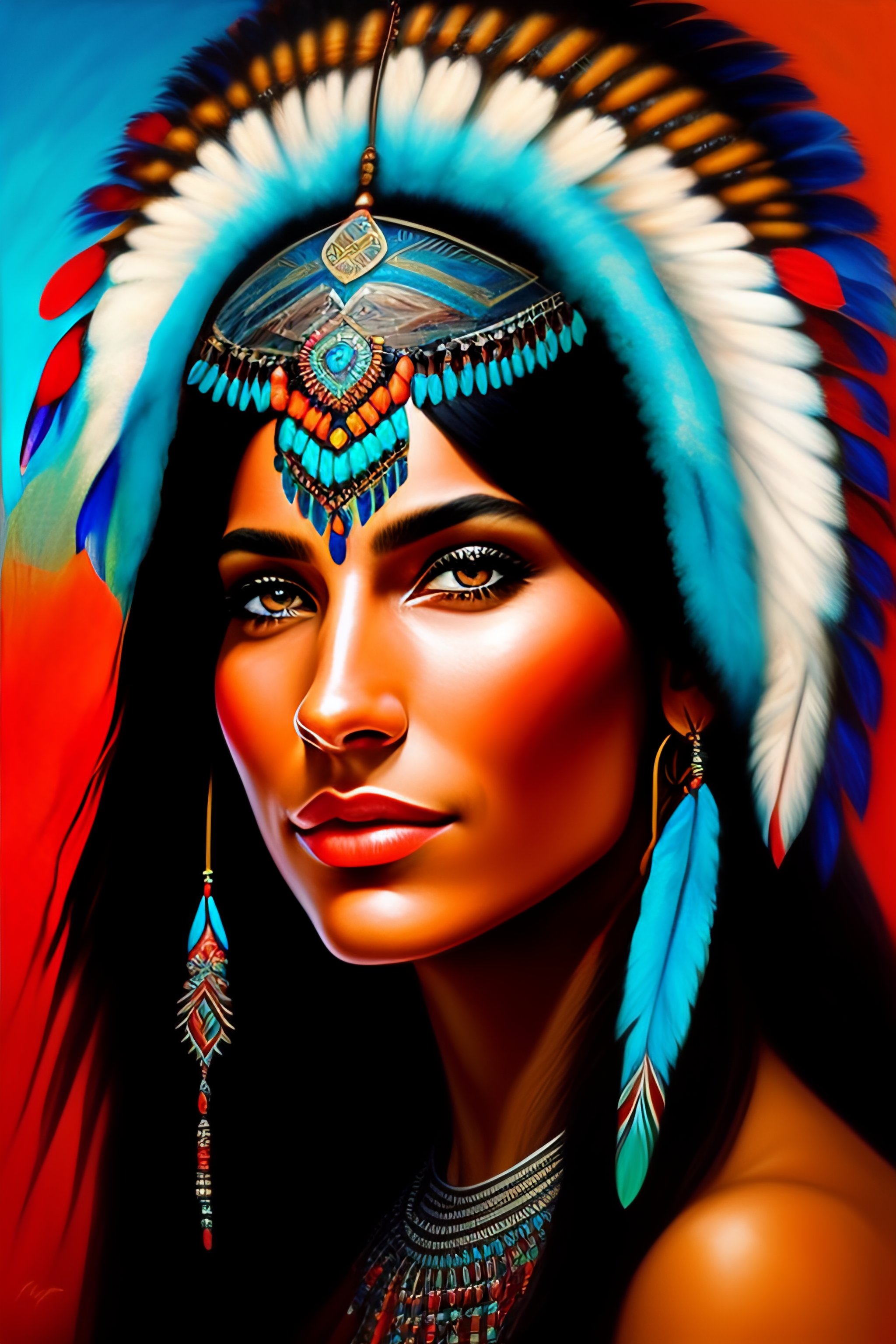 Lexica - Lakota model portrait, beautiful blue turquoise feather ...