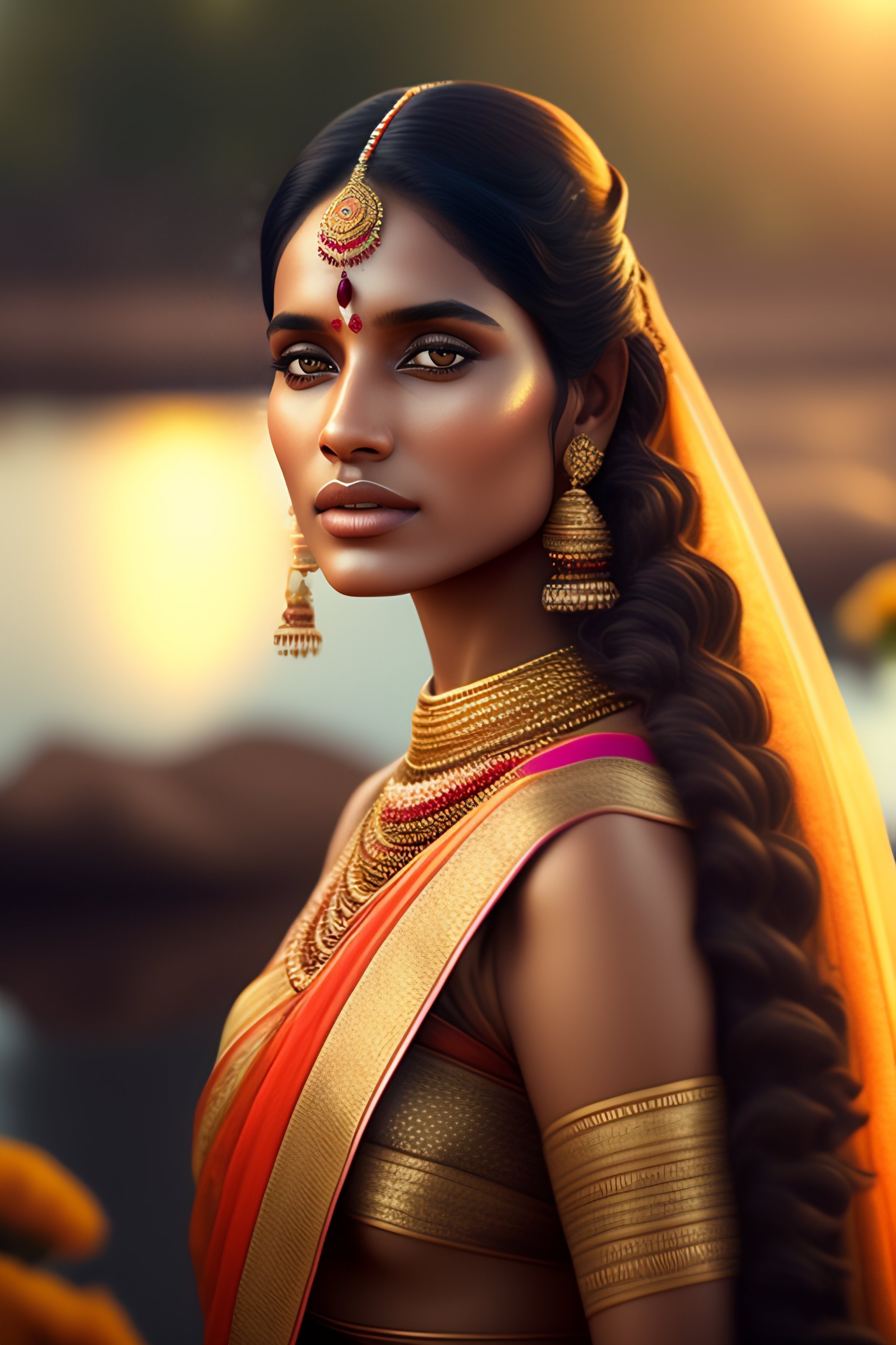 Lexica - Portrait of 1 pure young India woman, standing by a river in ...