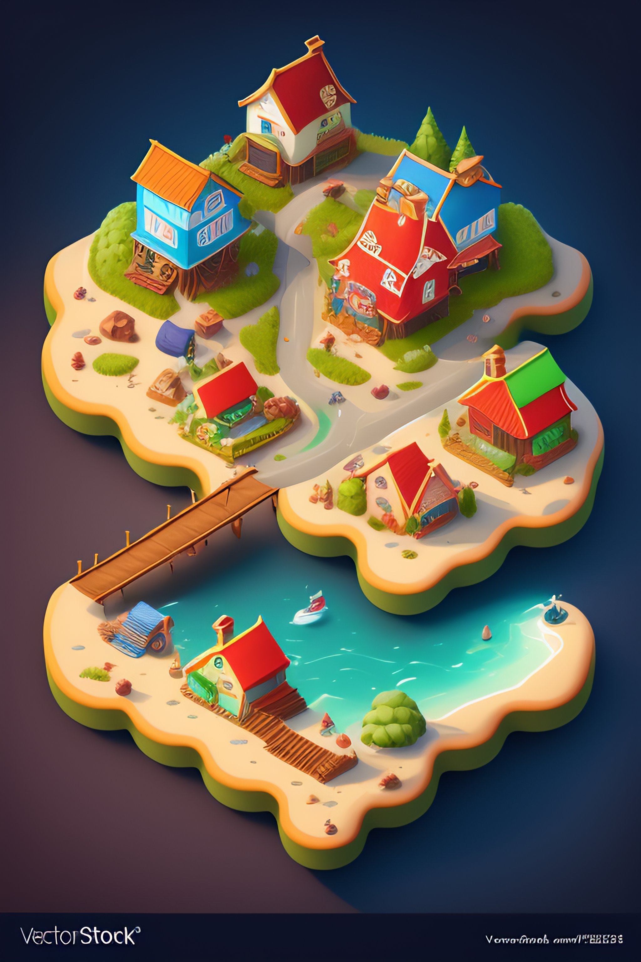 Lexica - Flat vertical view of a complete seaside village with various ...
