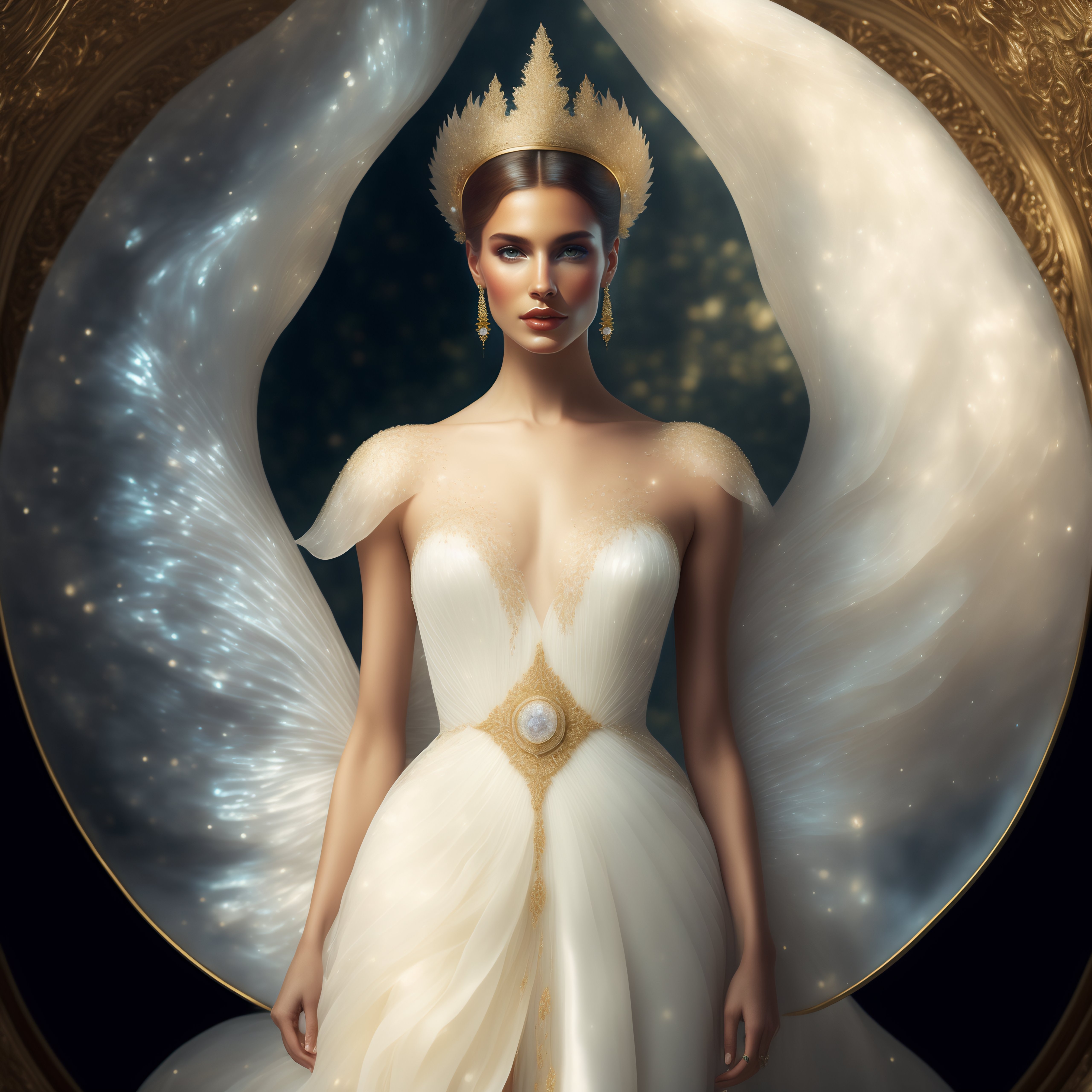 Lexica - Fairy wearing a white silk Greek gown standing on a mother of pearl in the centre of a ...