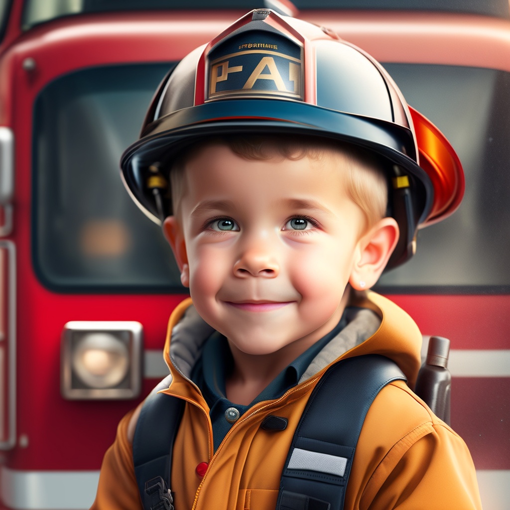 Lexica - A slim little boy in firefighter costume in front of a fire ...