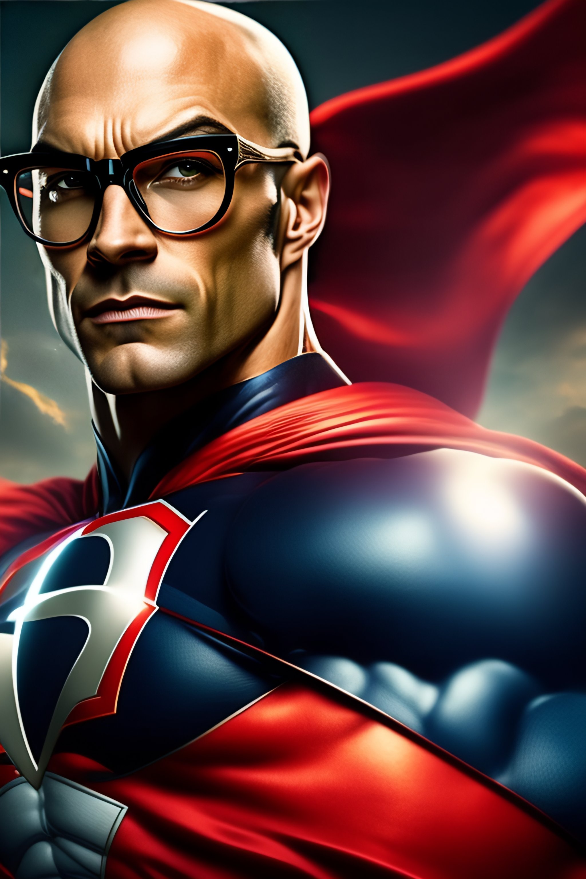 Lexica - Picture of bald muscular superhero with glasses and cape