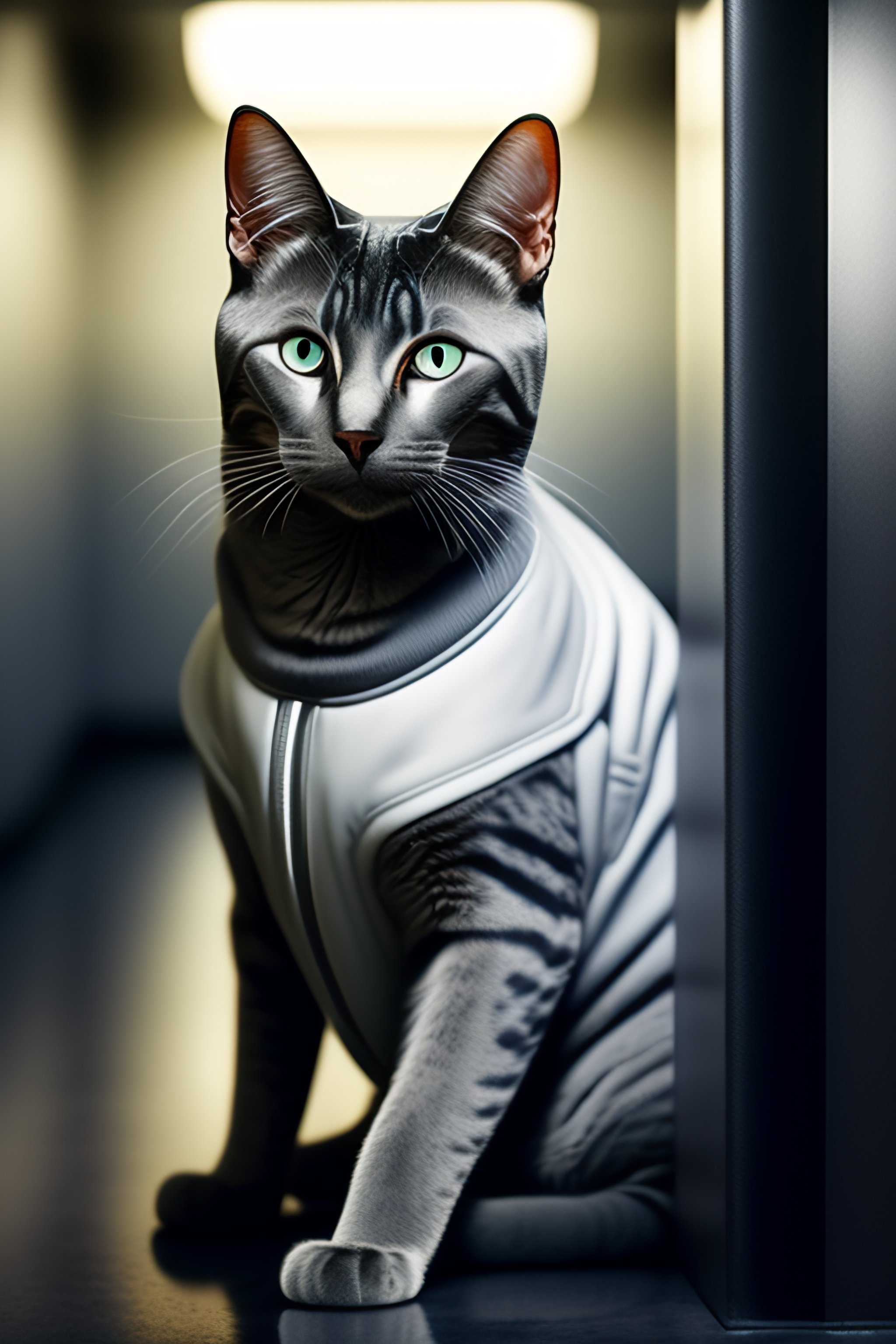 Lexica - A humanoid grey cat wearing inmate white jumpsuit outfit in ...