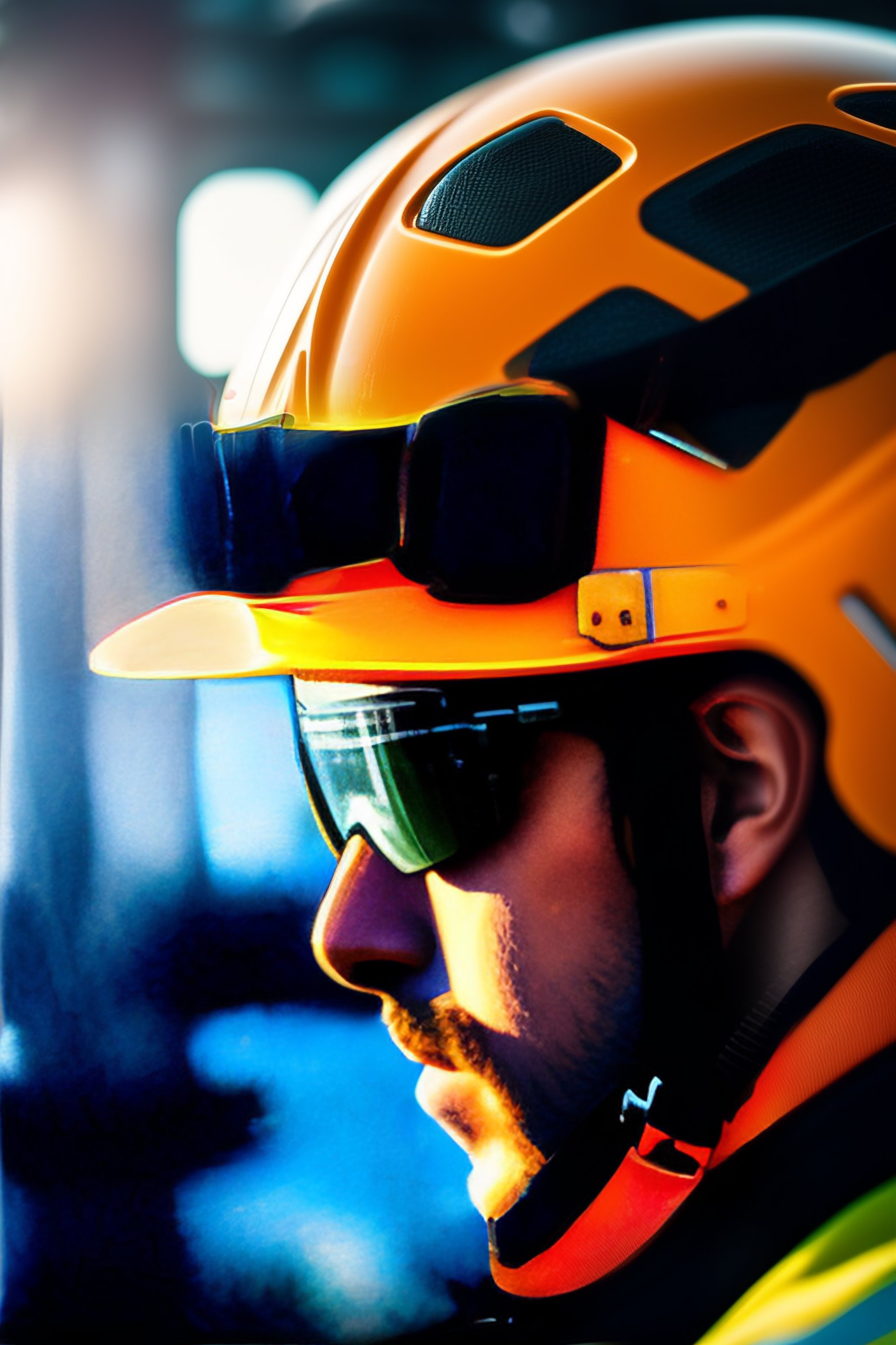 Lexica - Close up of a oil rig worker in a helmet and glasses from above