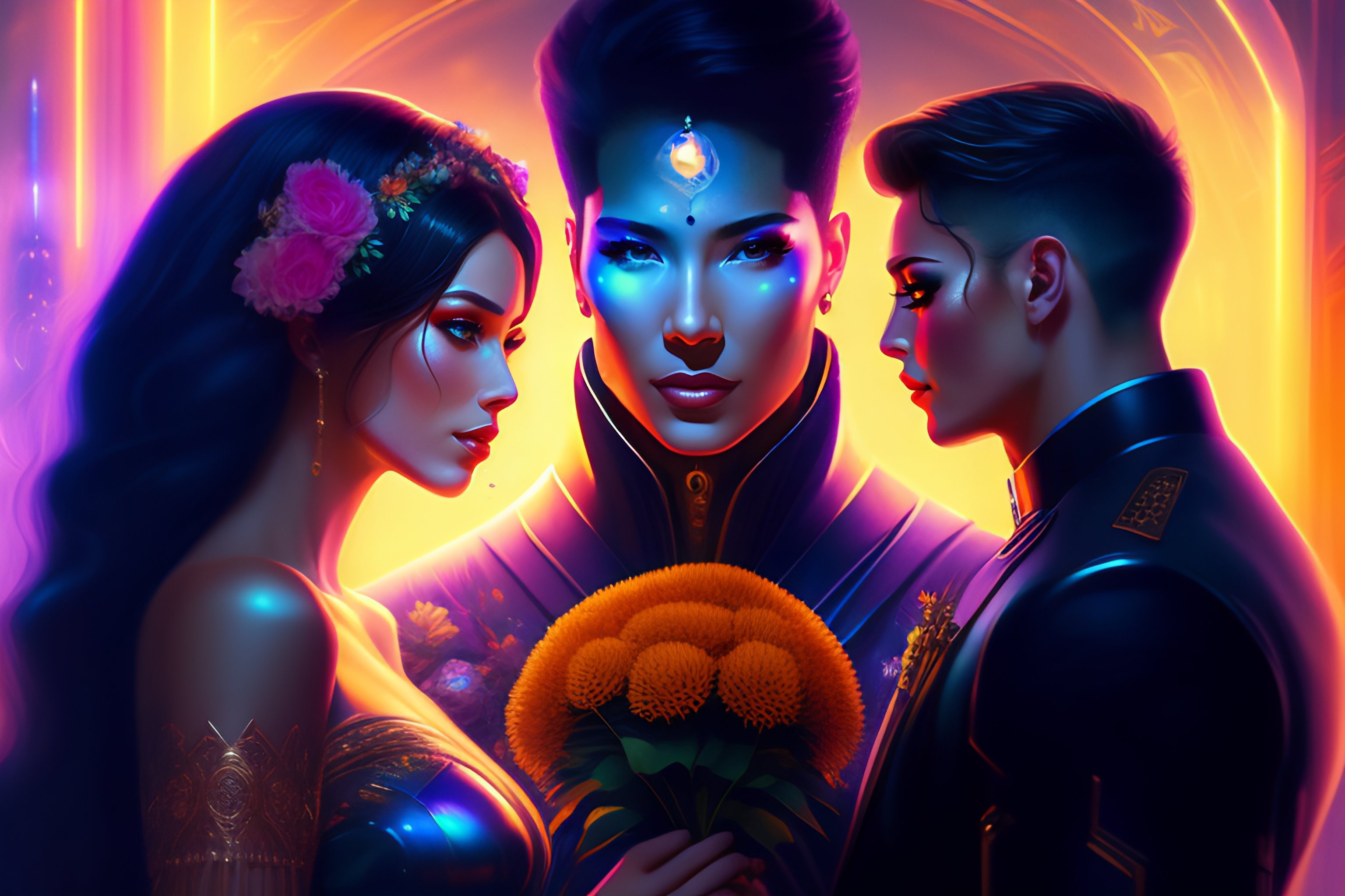 Lexica - An android man gives a bouquet of flowers to a beautiful human ...