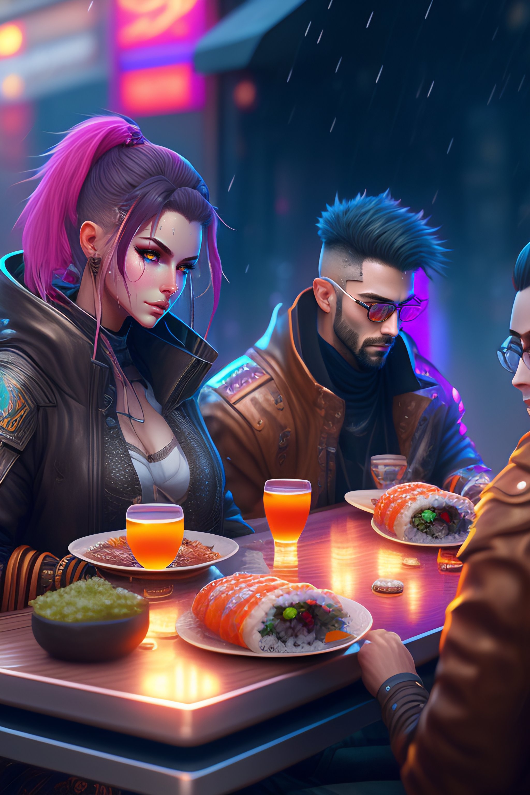 Lexica - A group of cyberpunk cyborg eating sushi on a table outside in ...