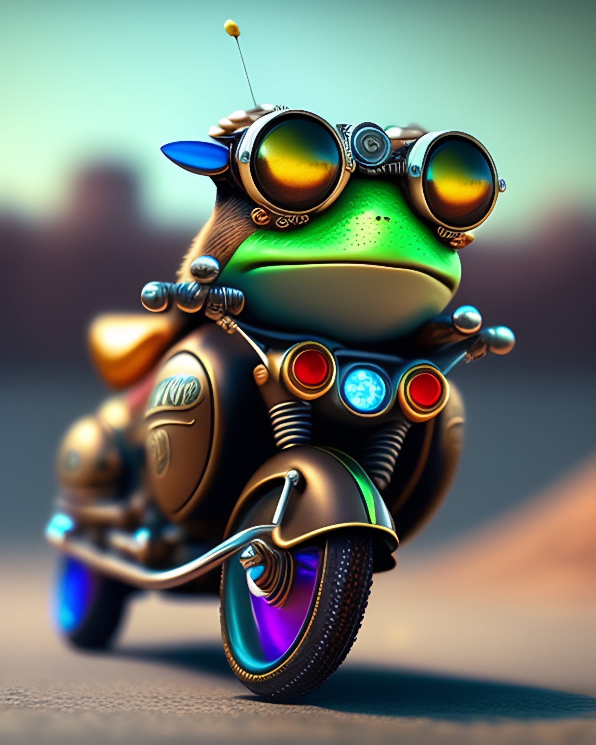 Lexica - Crazy frog with steampunk galsses, on one wheel, motorcycle, dead