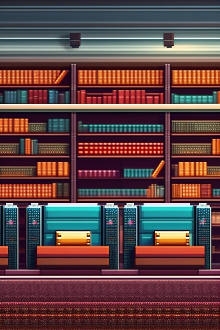 Lexica - Library background with multiple seat in row, pixel art