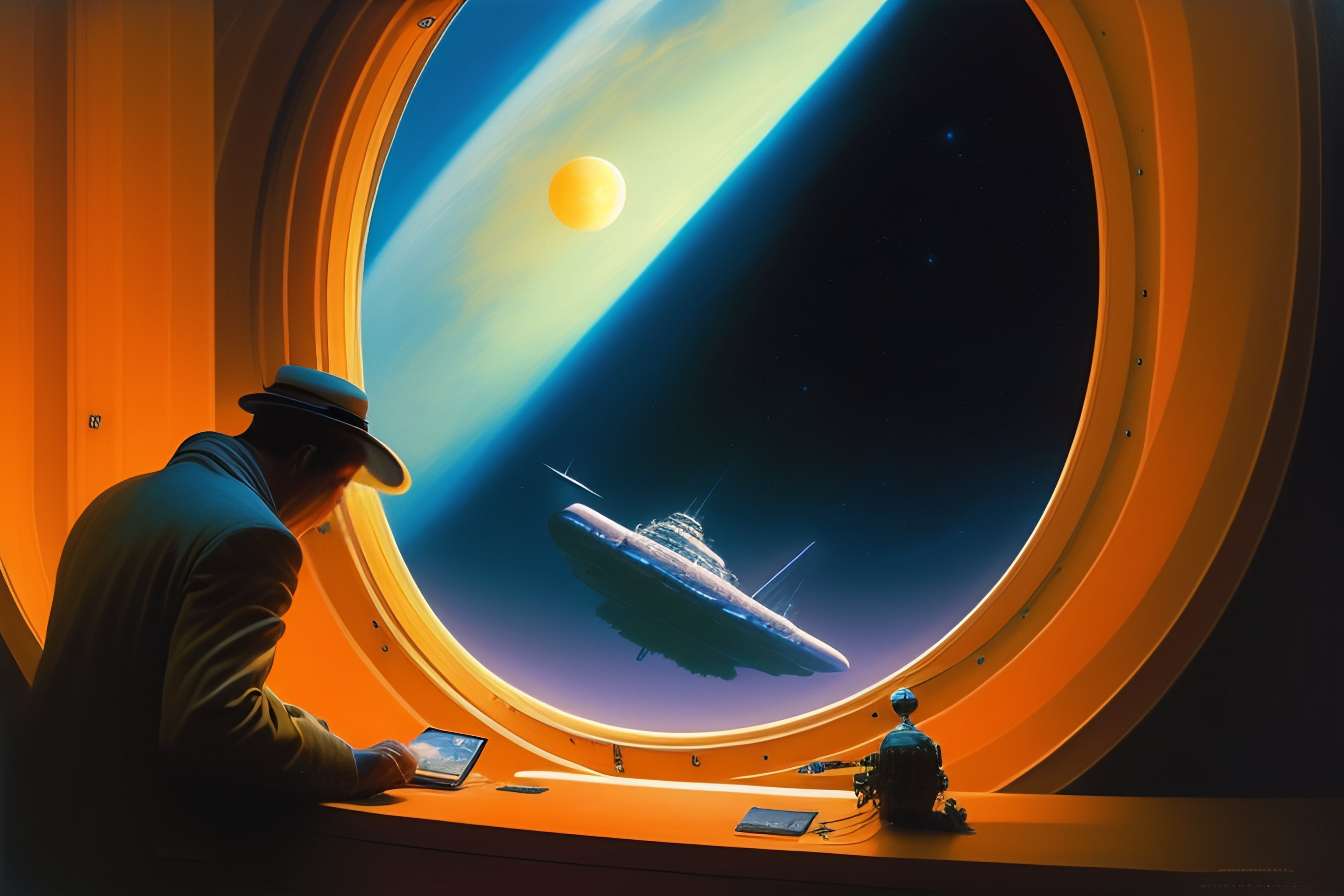 Lexica - A man using a cell phone in a space station, science fiction ...