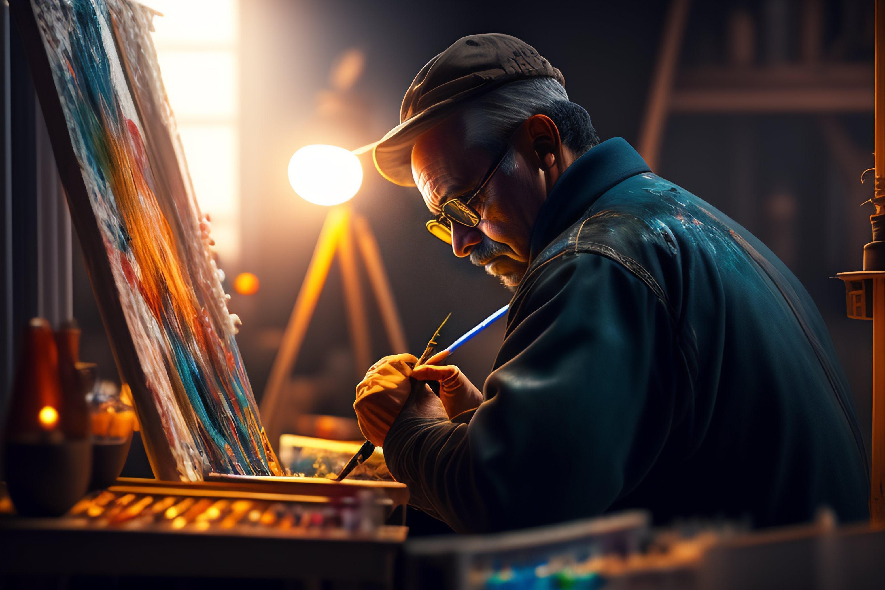 Lexica - Male, old 45 yo Painter at work, cinematic composition ...
