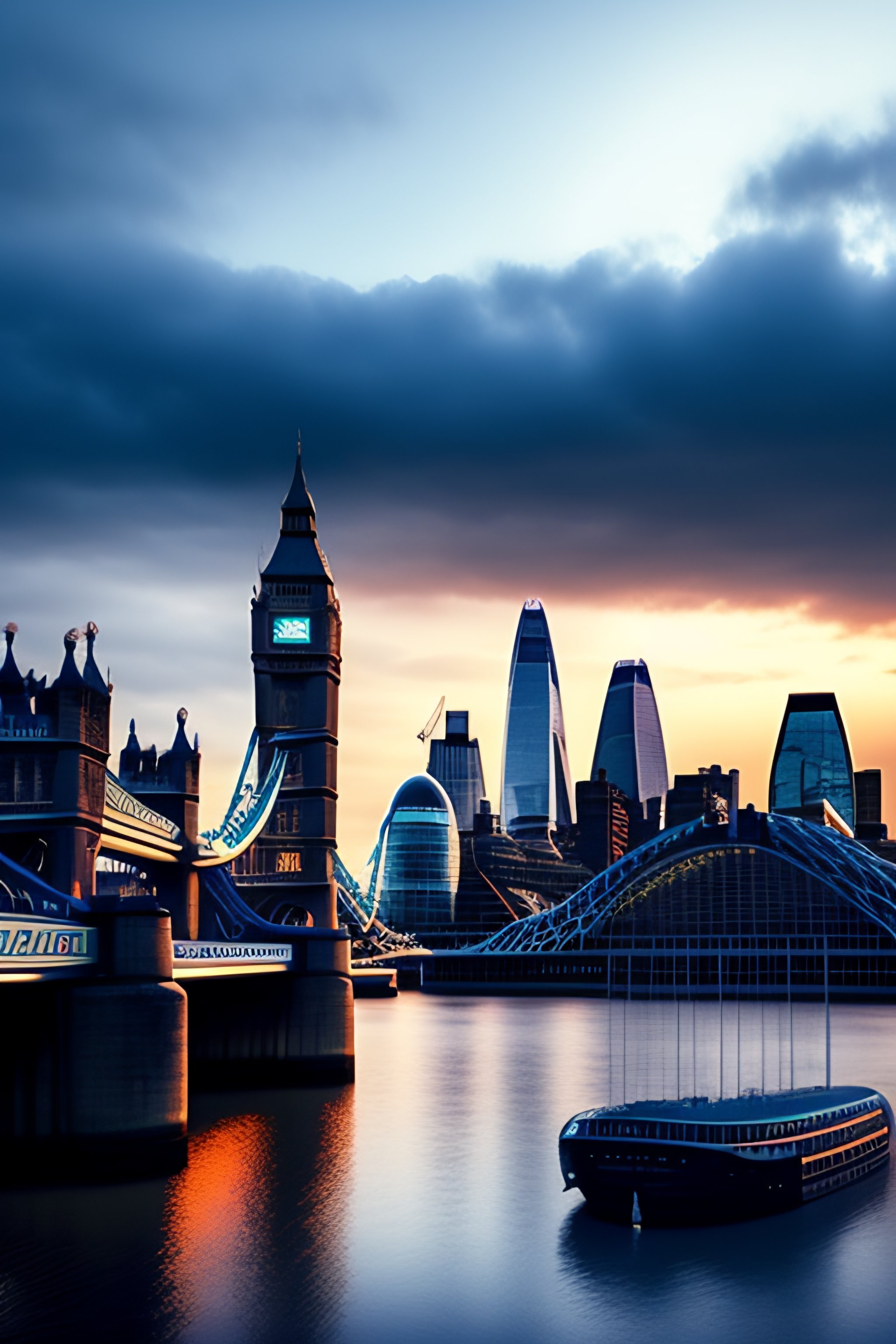 Lexica - London skyline near tower bridge in 2045 after an apocalypse