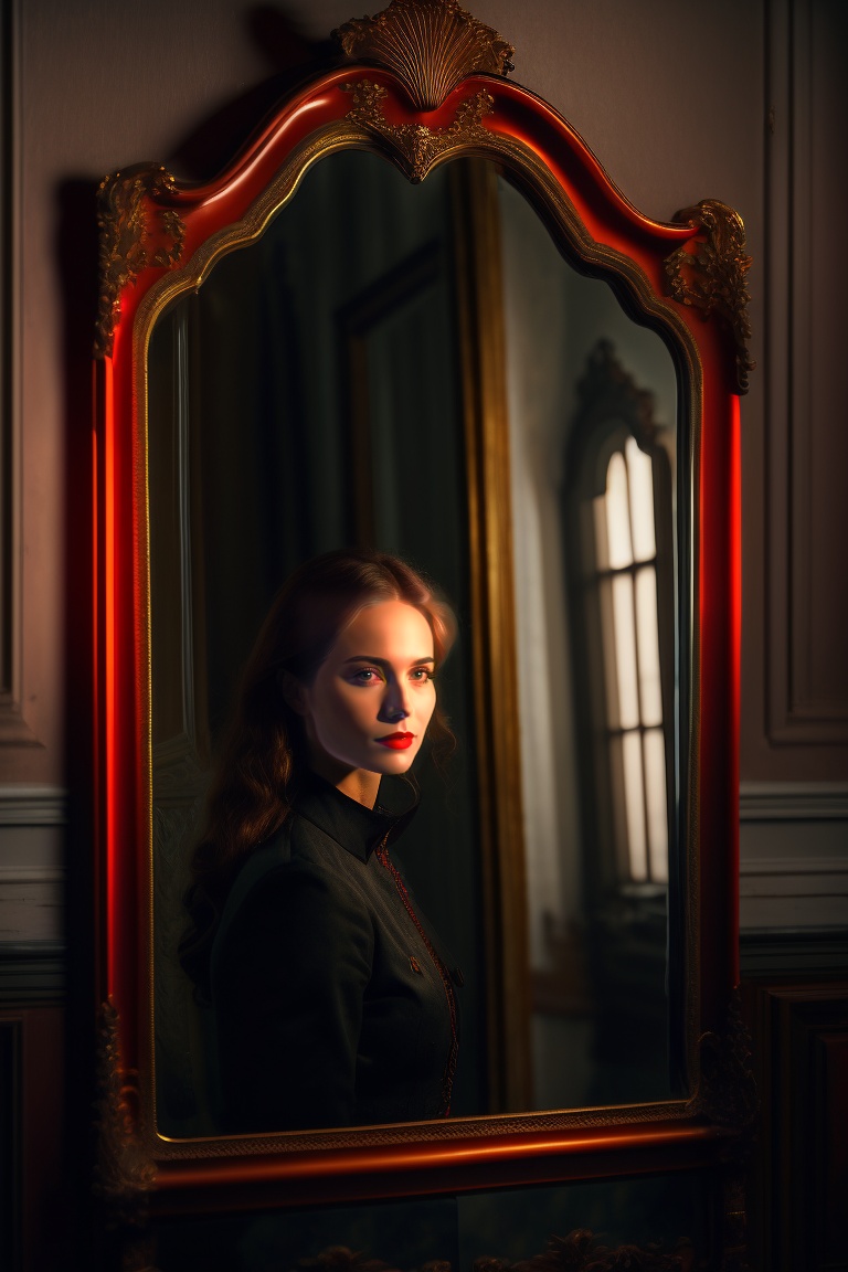 Lexica - In a dark room, a woman stands in front of a large antique ...