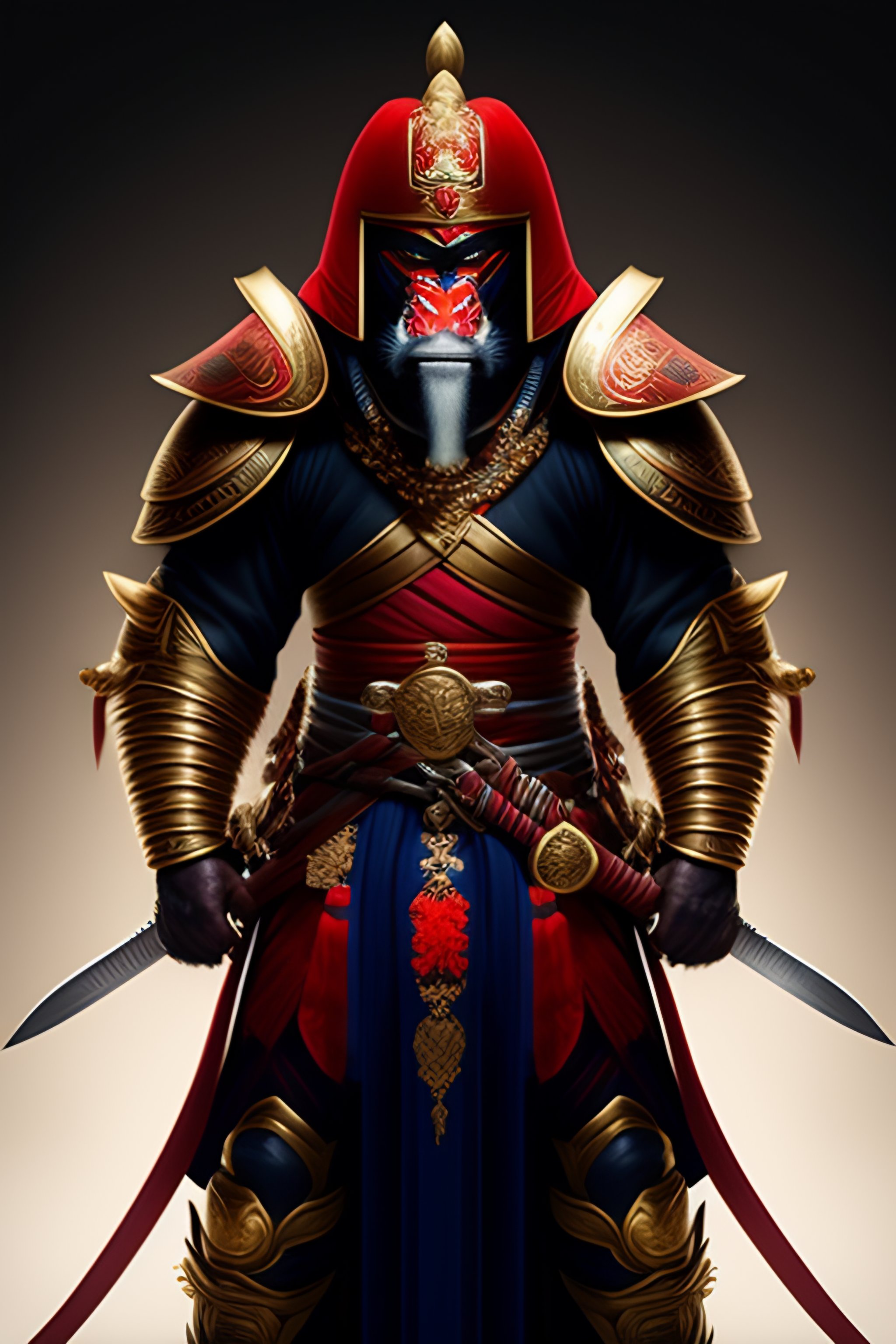 Lexica - Award-winning photo of a Mandrill samurai, red eyes, holding ...