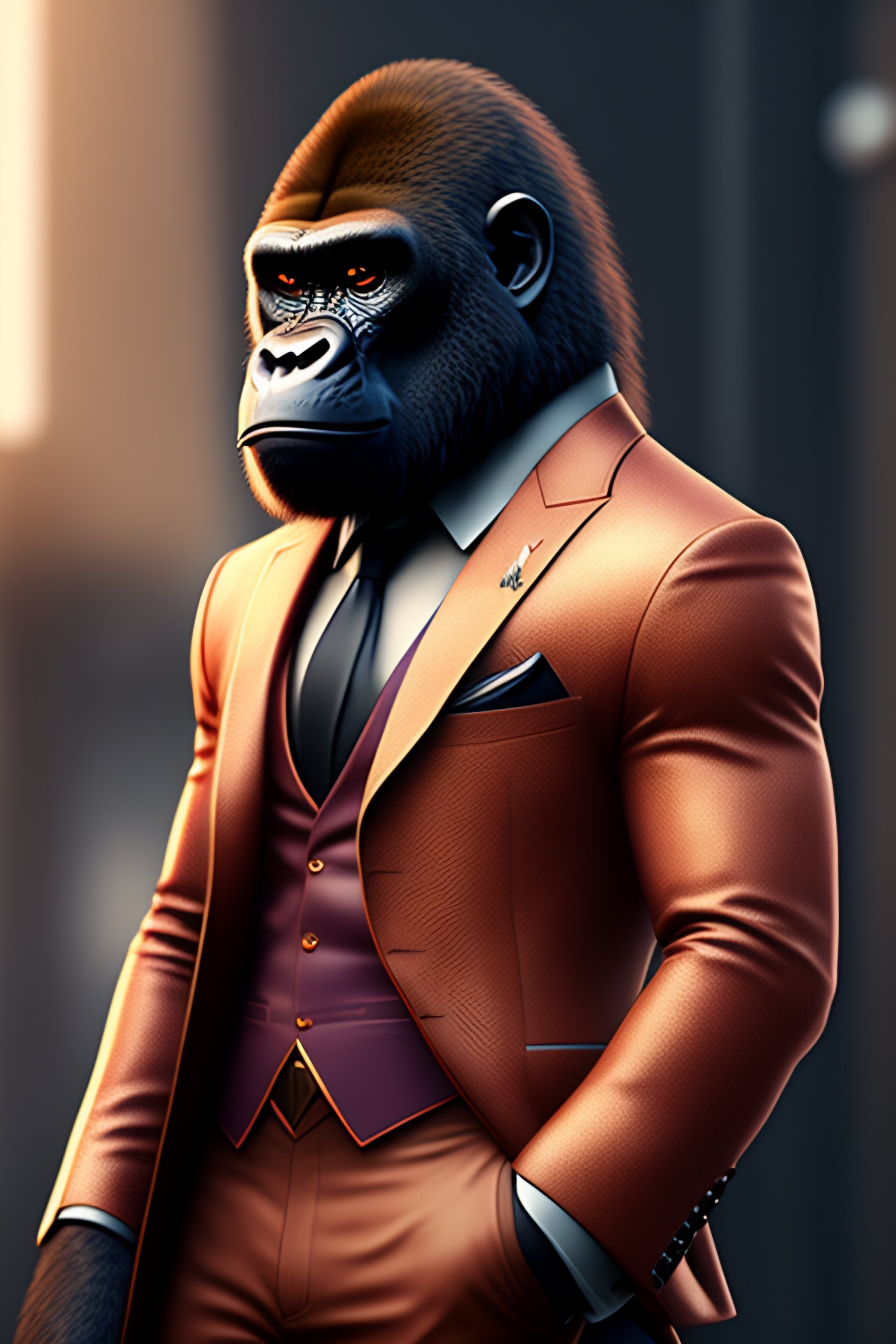 Lexica - Anthro furry humanoid gorilla, three piece suit, checking watch,character concept ...