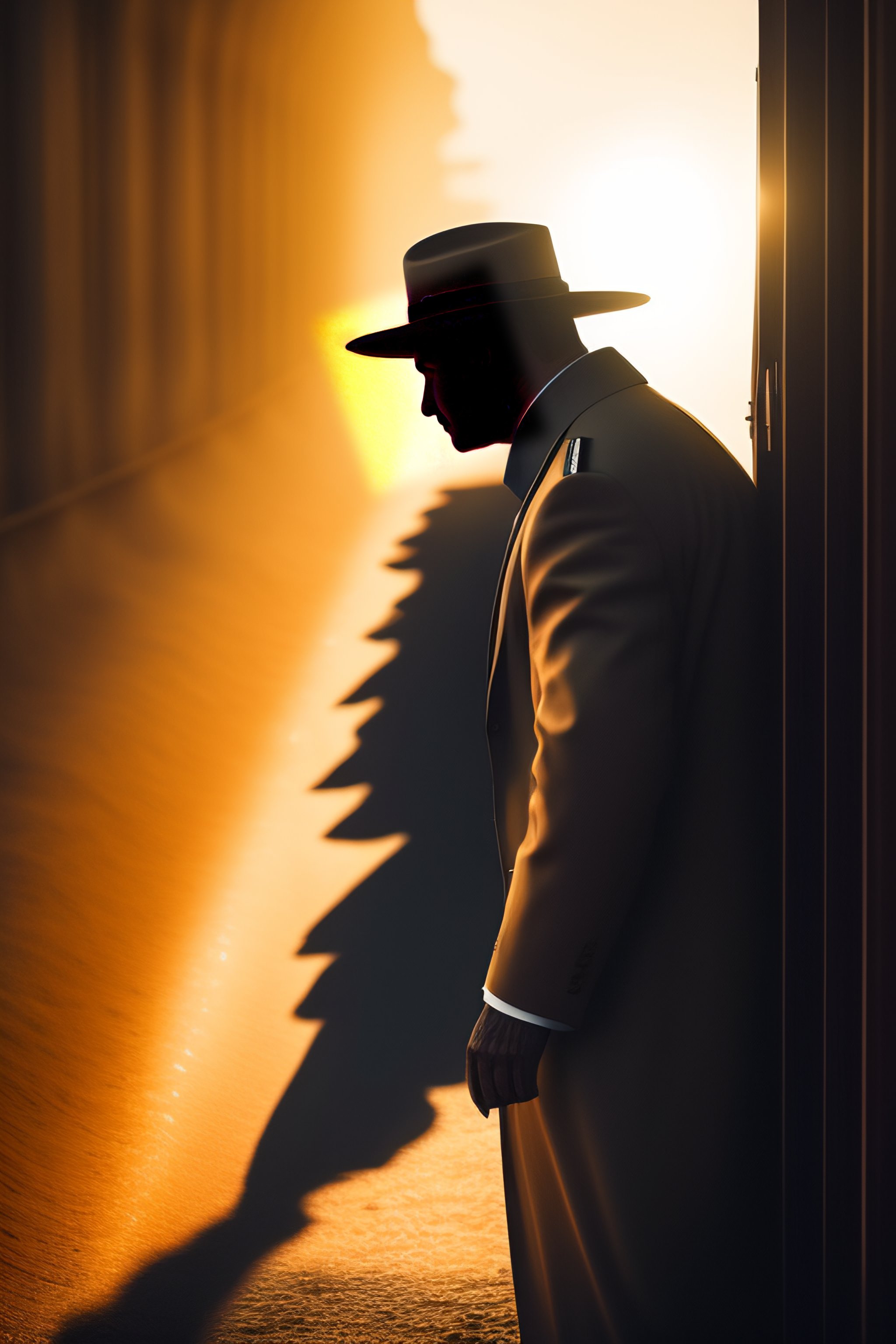 Lexica - Shadow of a man walking with a tommy gun over his shoulder,
