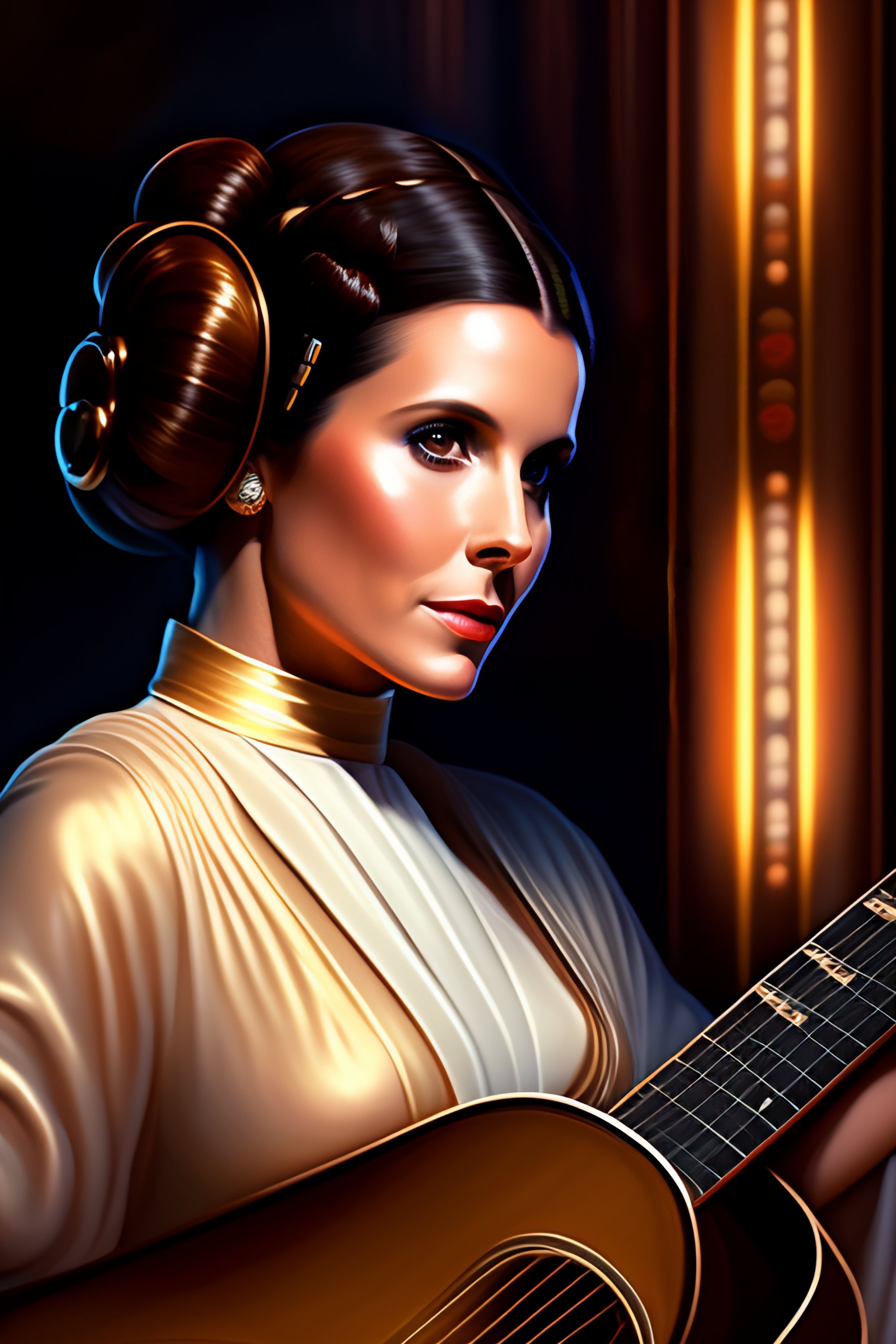 Lexica - Portrait of princess leia playing the guitar, intricate ...