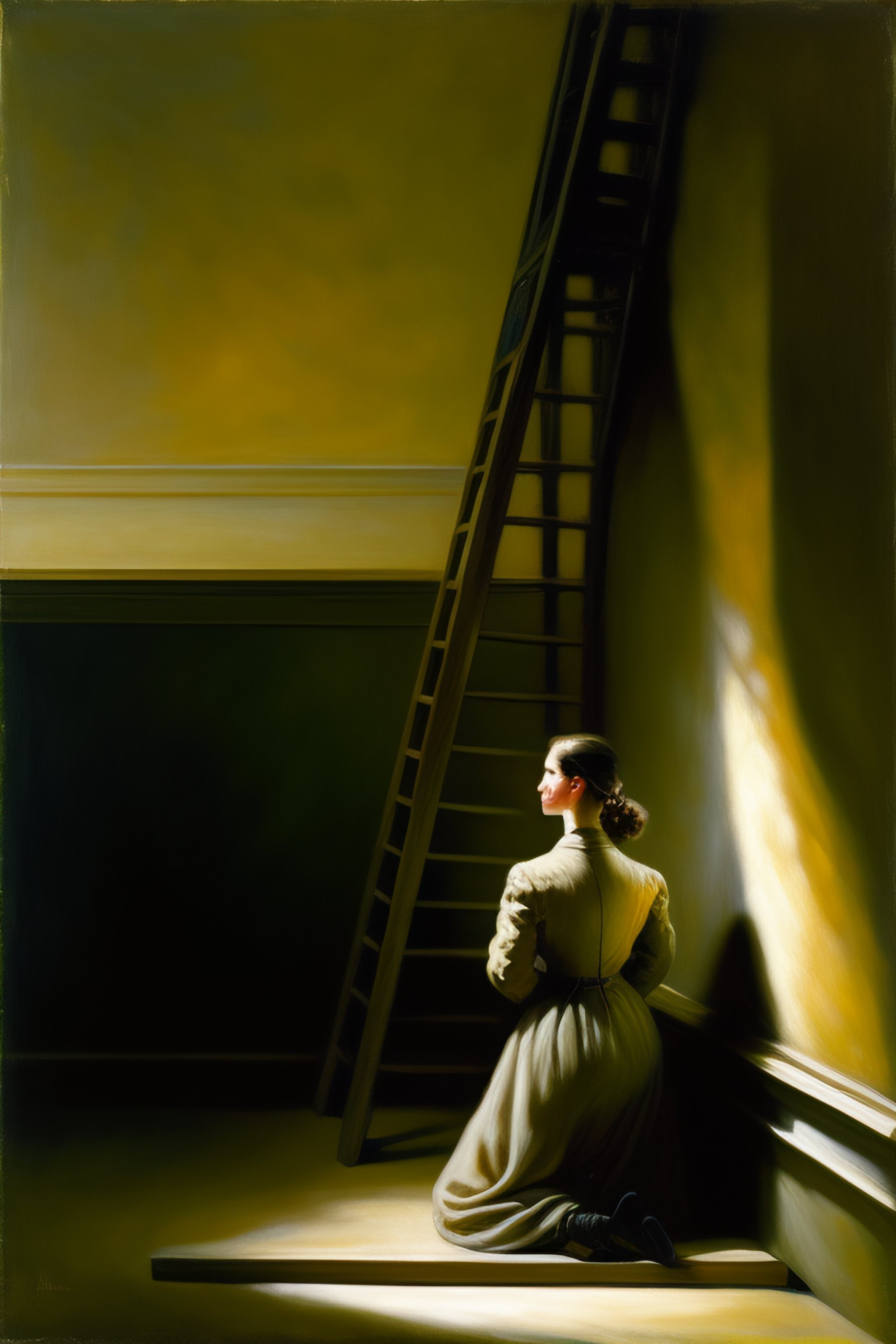 Lexica - Woman kneeling next to a ladder dynamic pose, dramatic ...