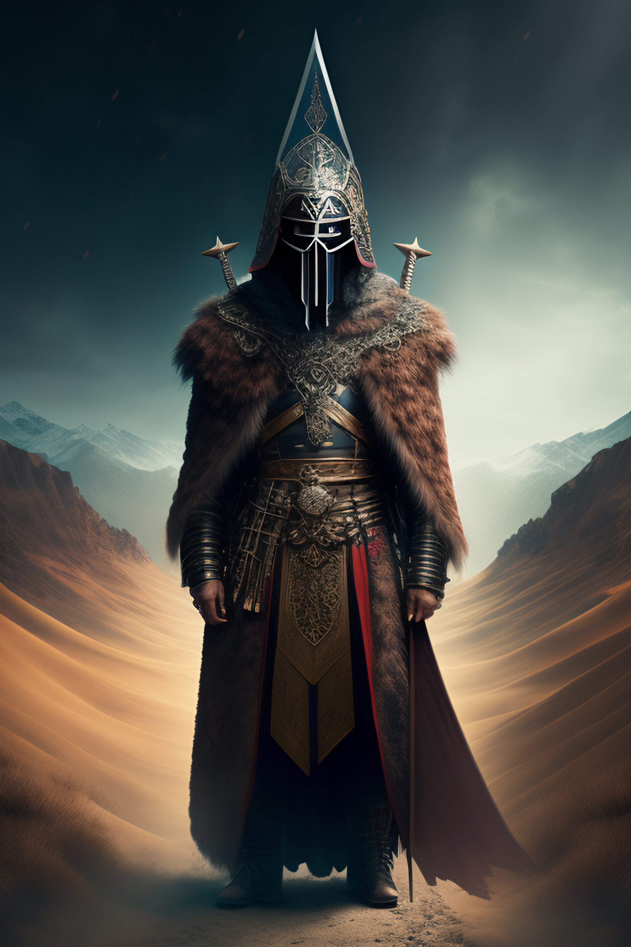 Lexica - An humanoid with a long ragged coat filled with pins, a mask ...