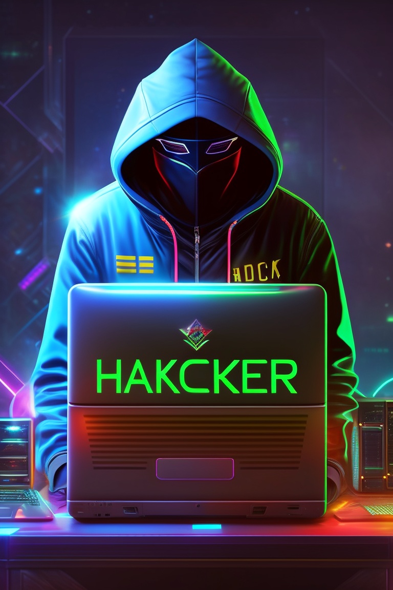 Lexica - Hacker, behind him there are many computers from top to bottom, inside the laptop there ...