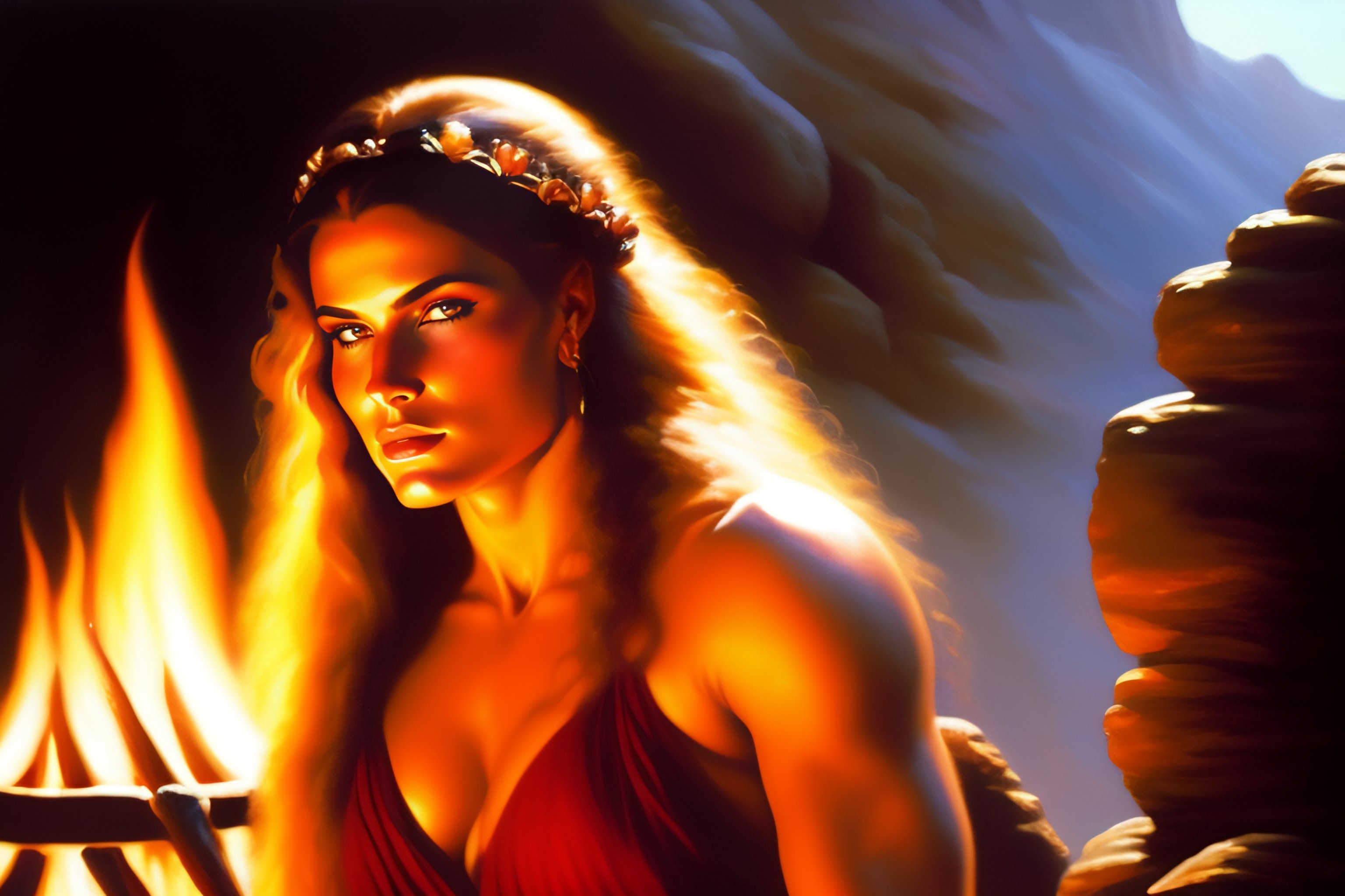 Lexica - Low light chiaroscuro cinematic still of A beautiful barbarian woman sitting by a ...