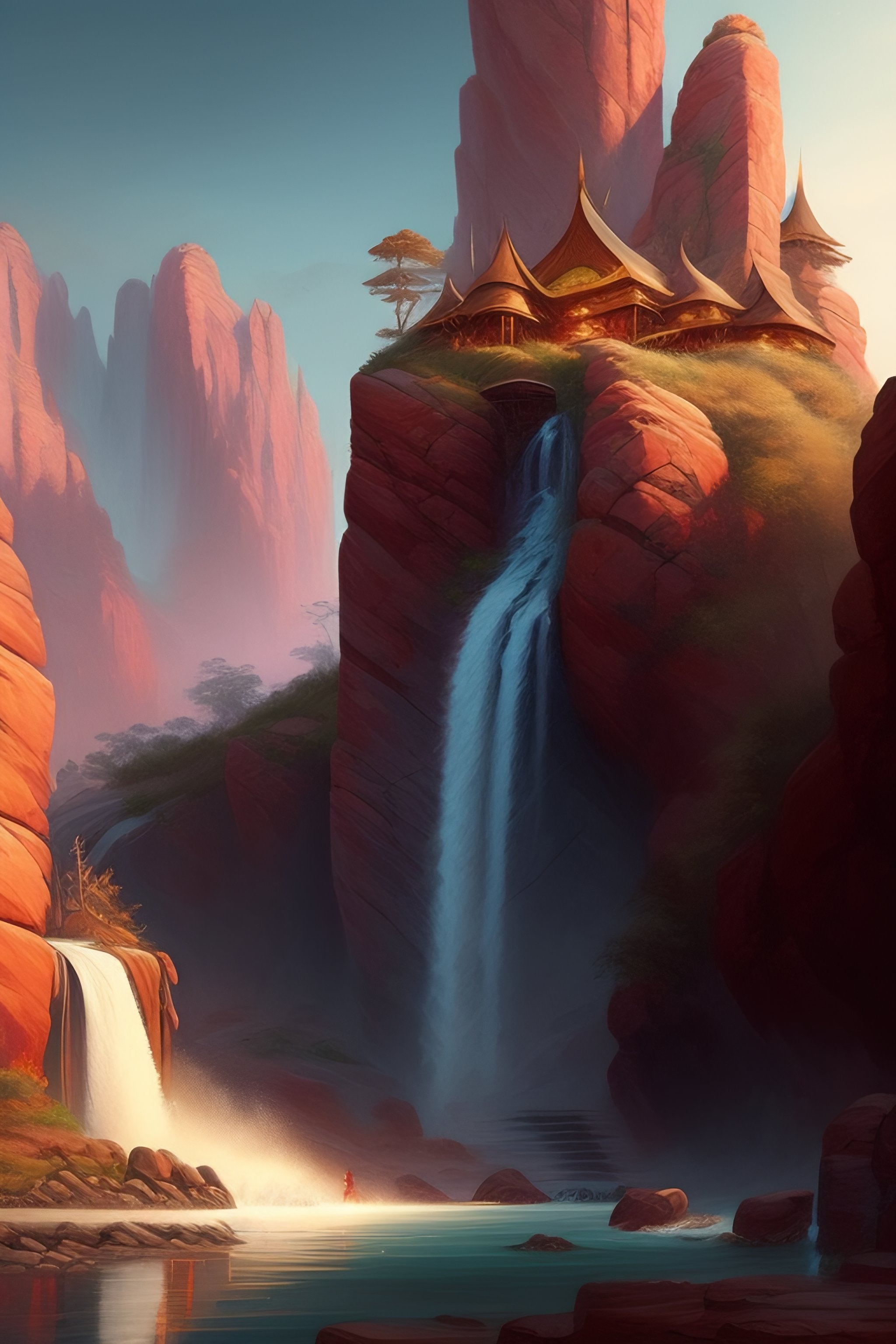 Lexica - Tribal village in red rock in front of a waterfall, medieval ...