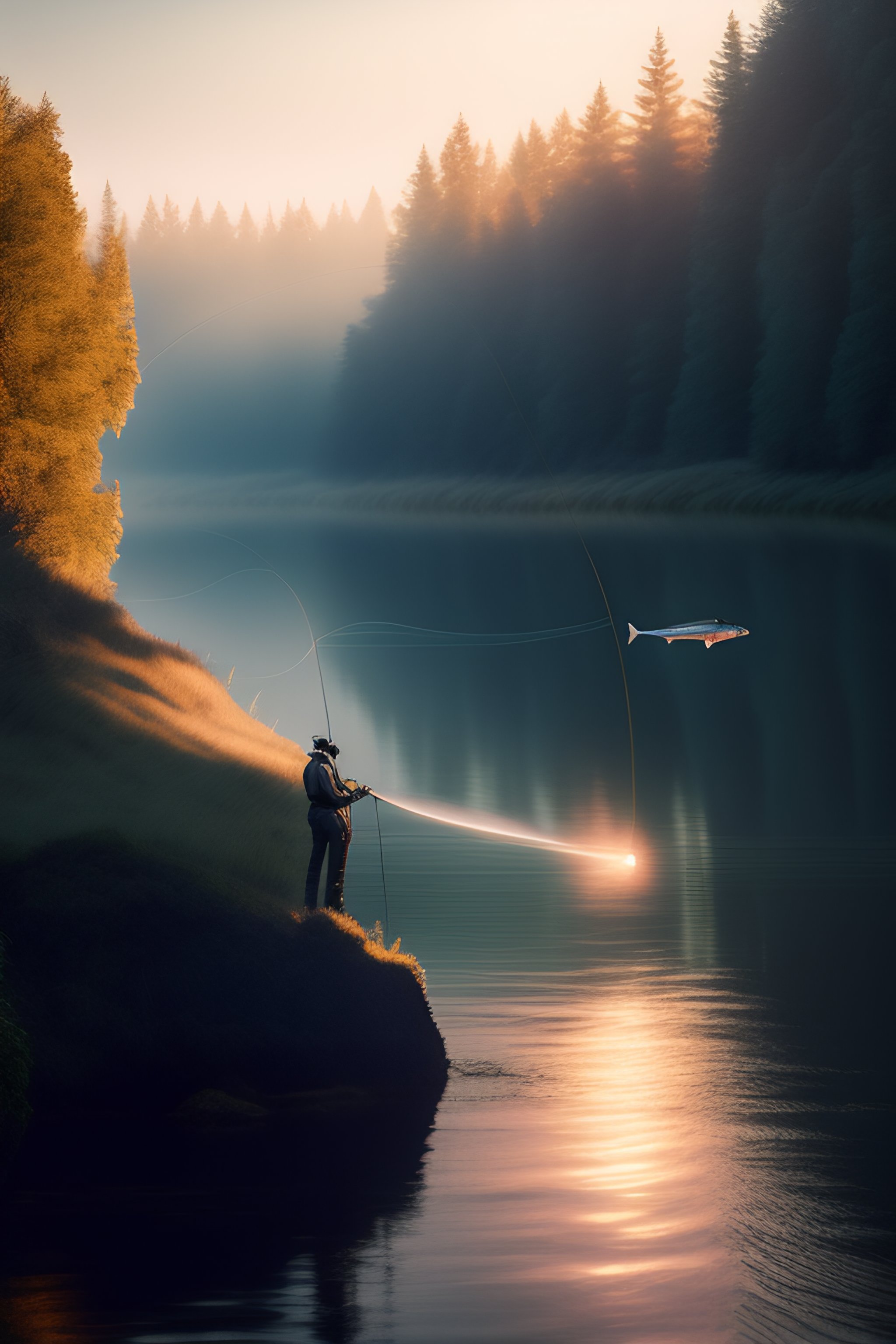 Lexica - Fisherman with fly fishing pole stands in forested river ...