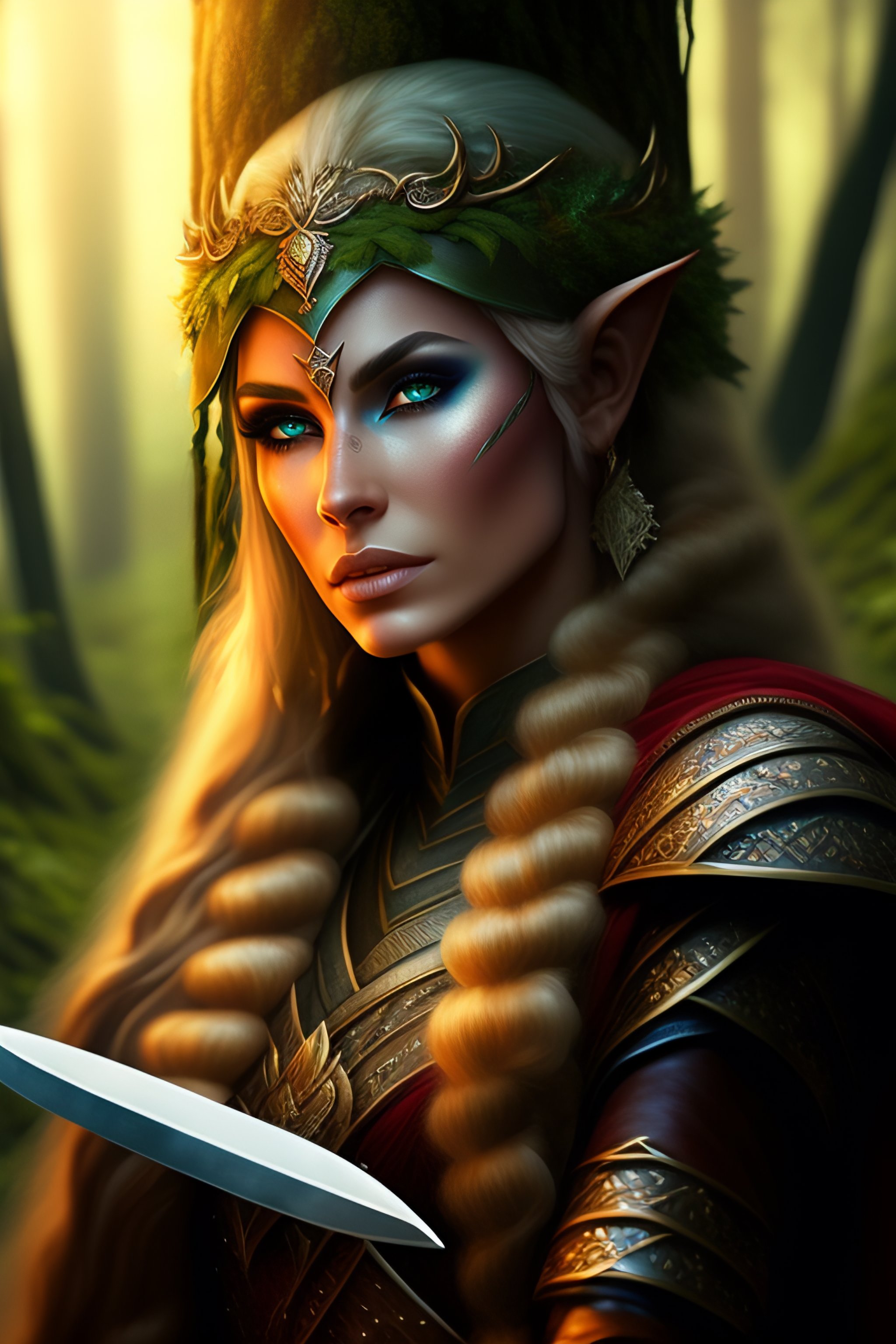 Lexica - Epic fantasy elf in a forest holding a knife