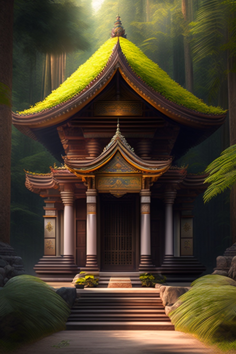 Lexica - An ancient, overgrown temple hidden amidst towering trees, its ...