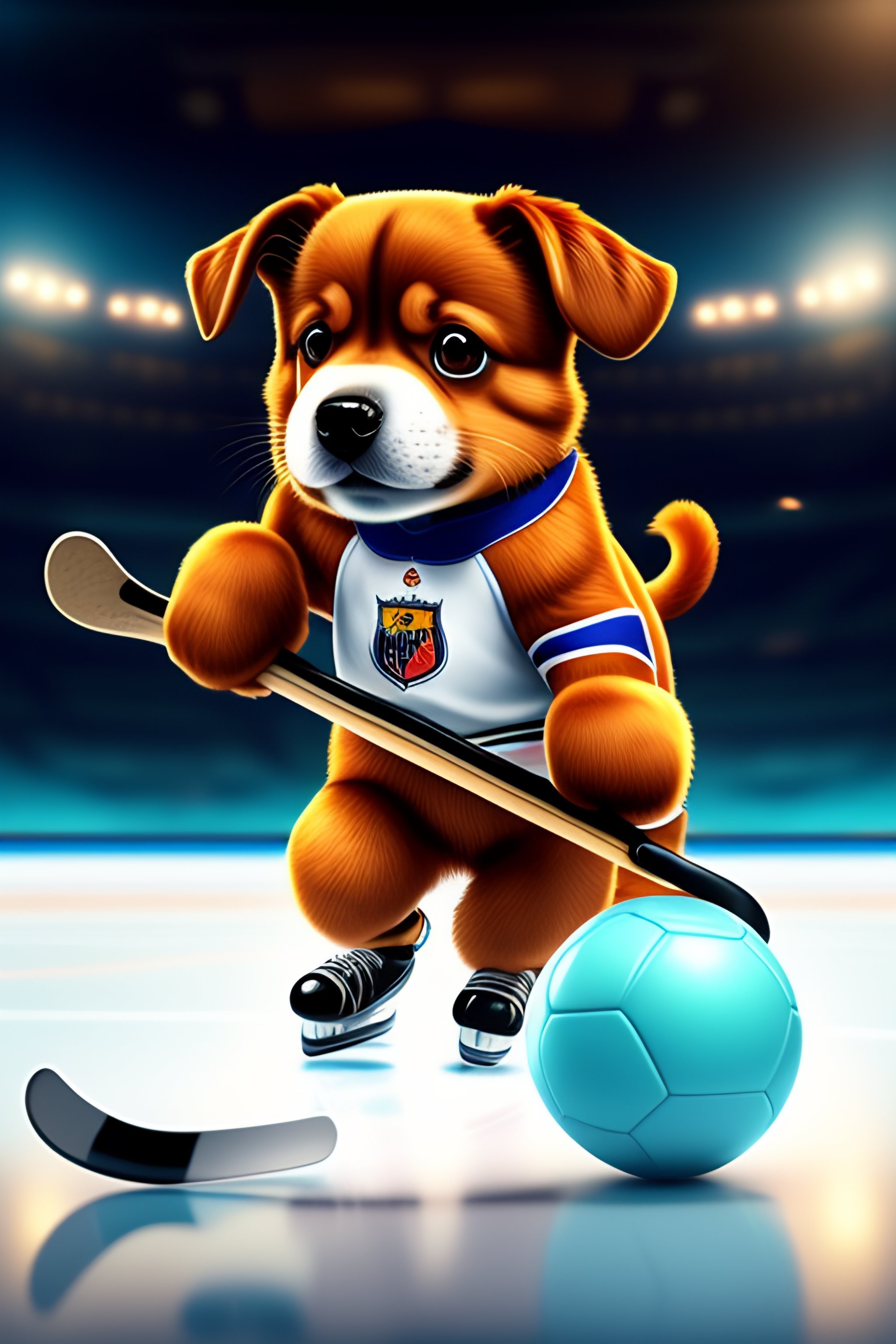 Lexica - Cute cartoon dog playing hockey in a hocky stadium