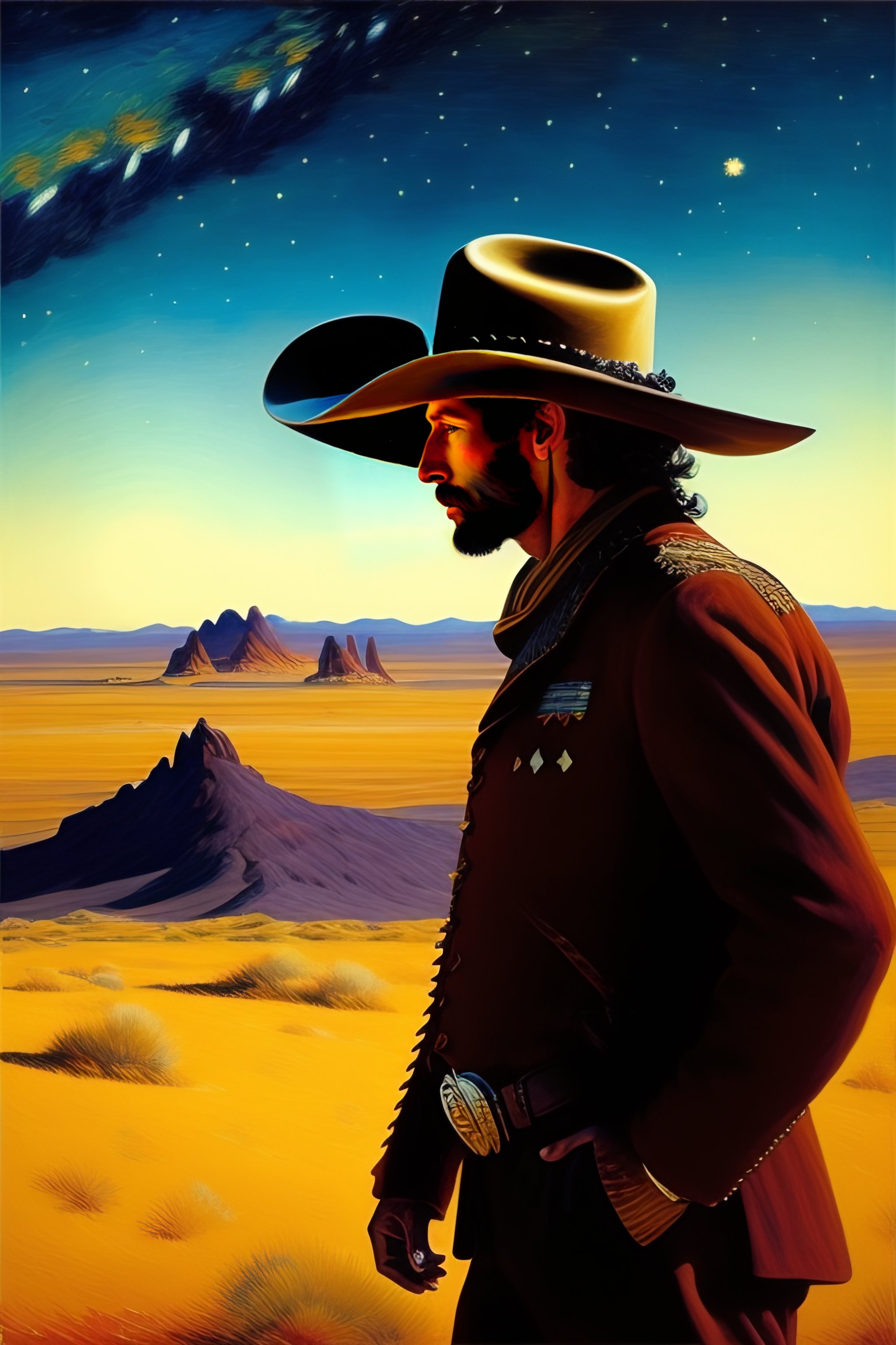 Lexica - On a distant planet a man with a cowboy hat look to the ...