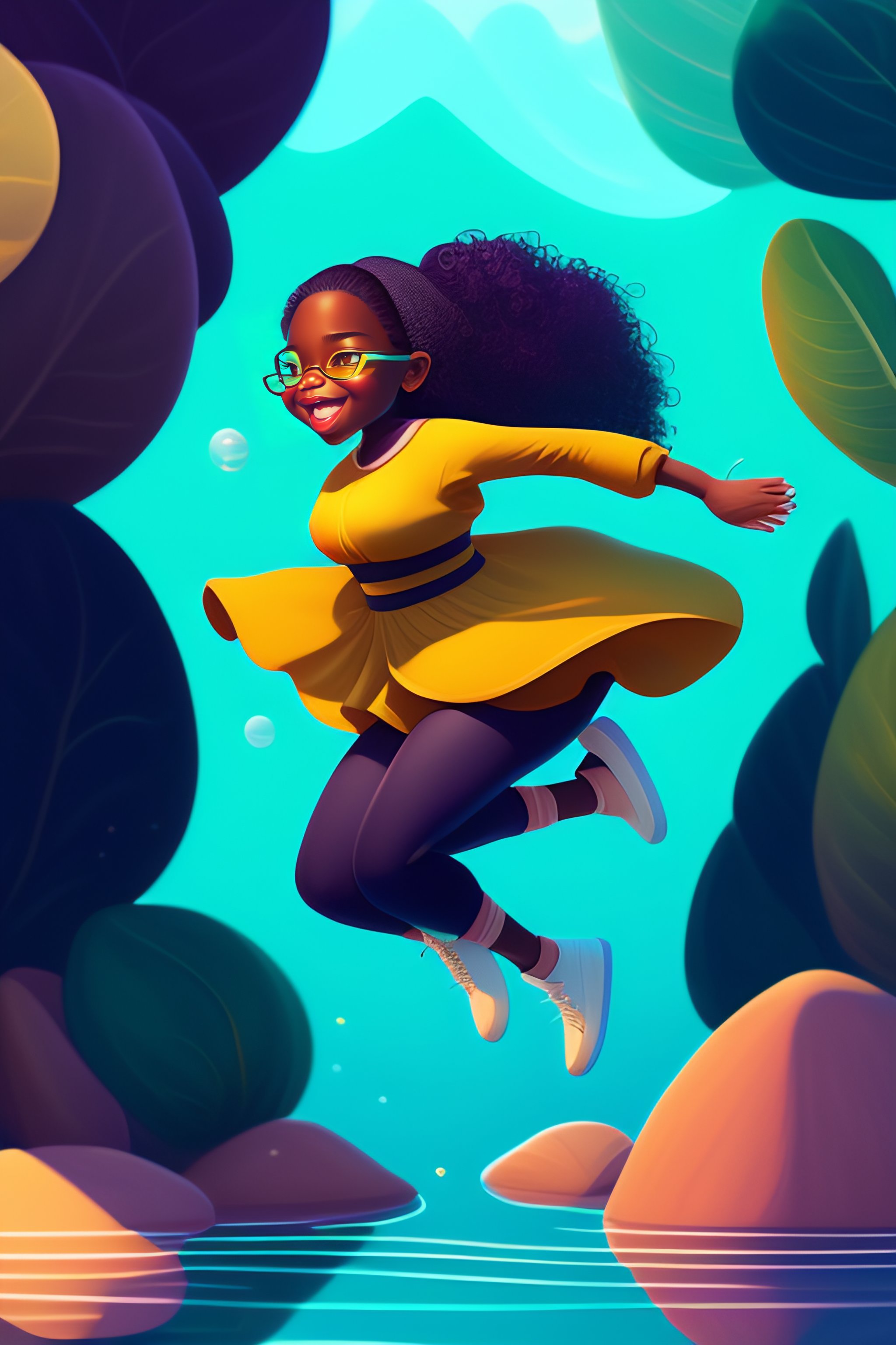 Lexica - View of gorgeous pond with happy black girl jumping, animation ...