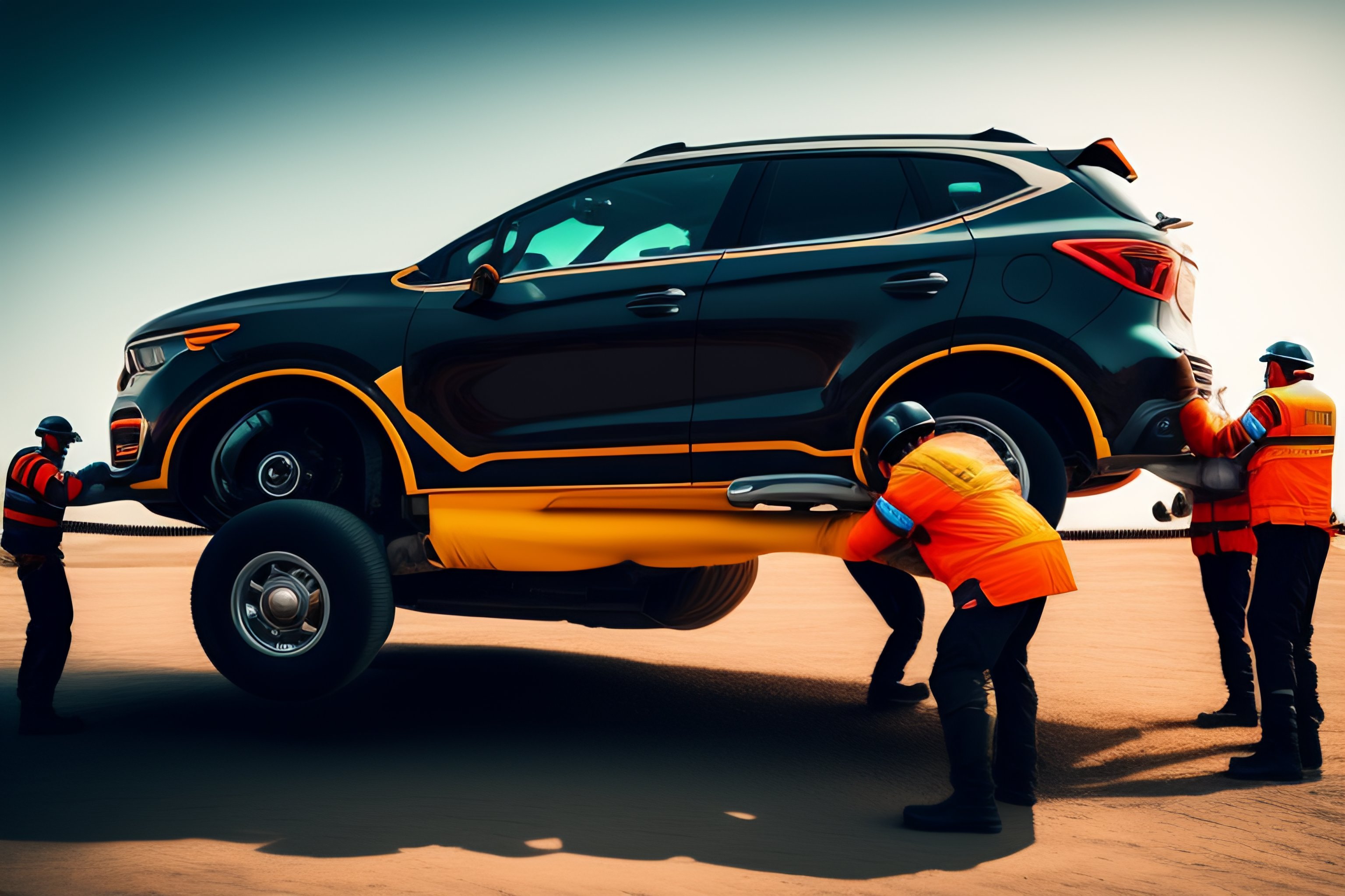 Lexica - A group of people working together to lift a car off of a ...