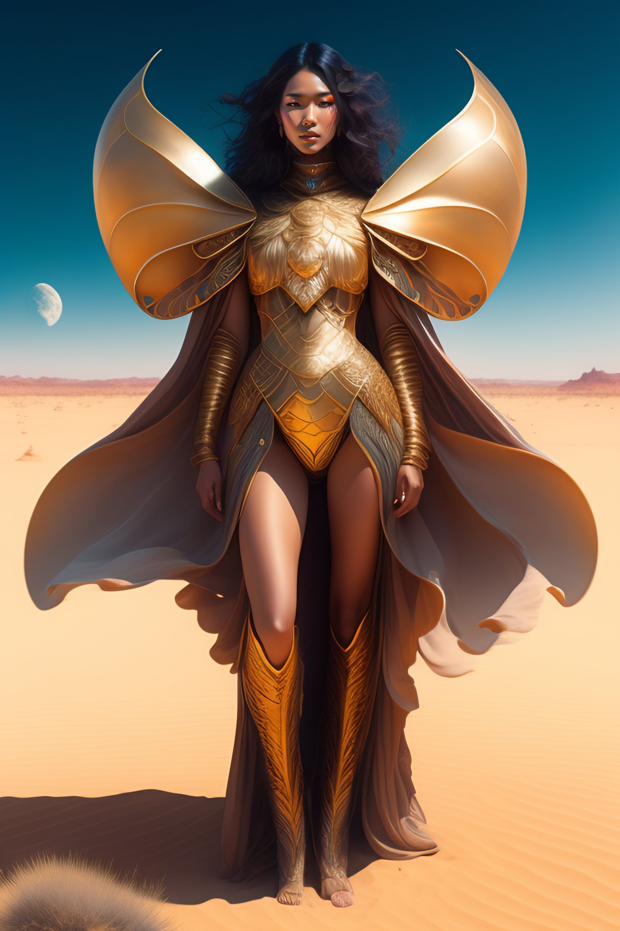 Lexica - An artistic full body of a standing insect humanoid with crab shell in a desert with a ...