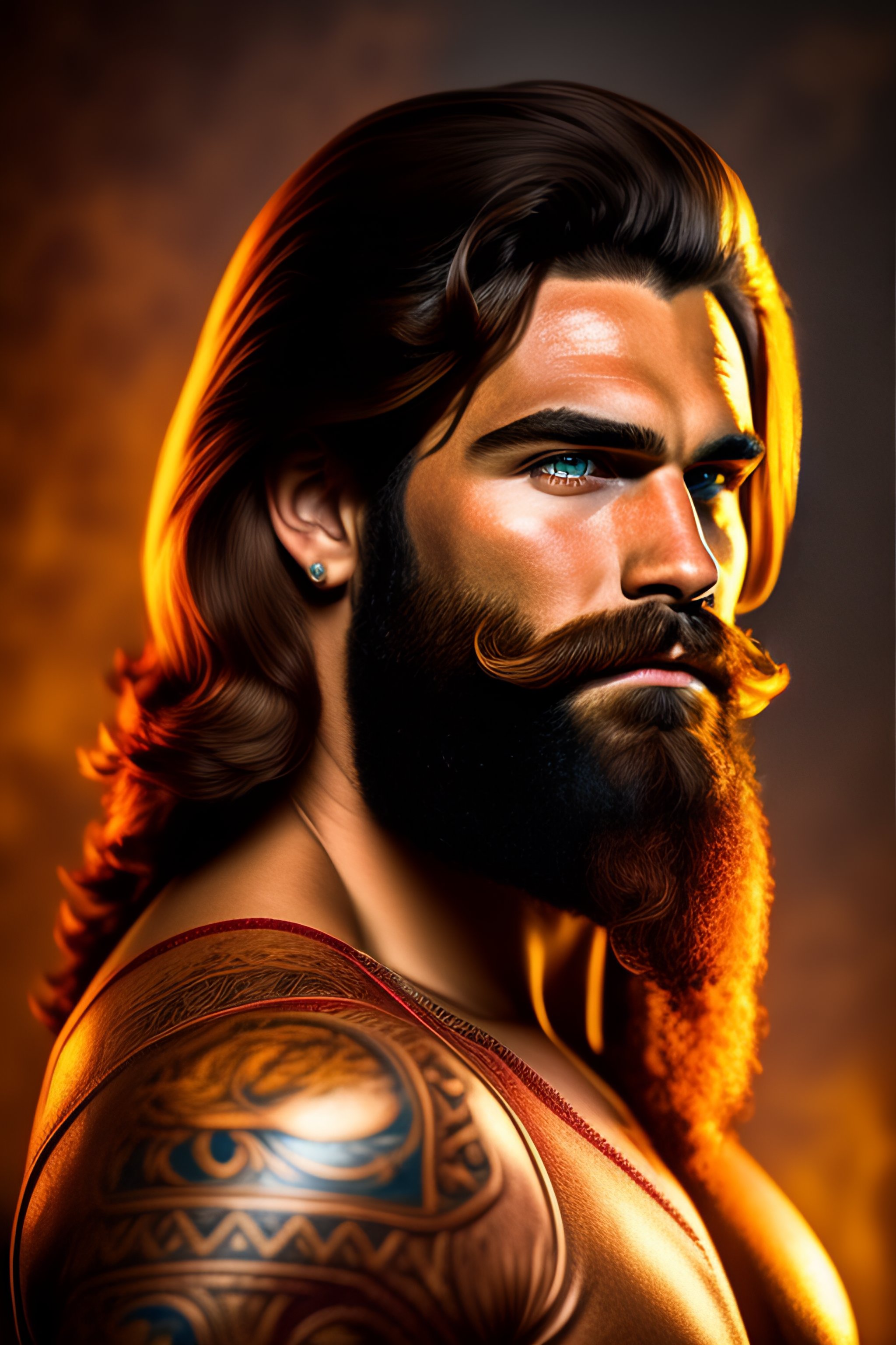 Lexica - Picture of a strong man, wearing a fidora with long brown hair ...