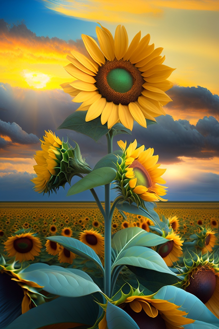 Lexica - 3D Surrealism, sunflowers, Van Gogh sky