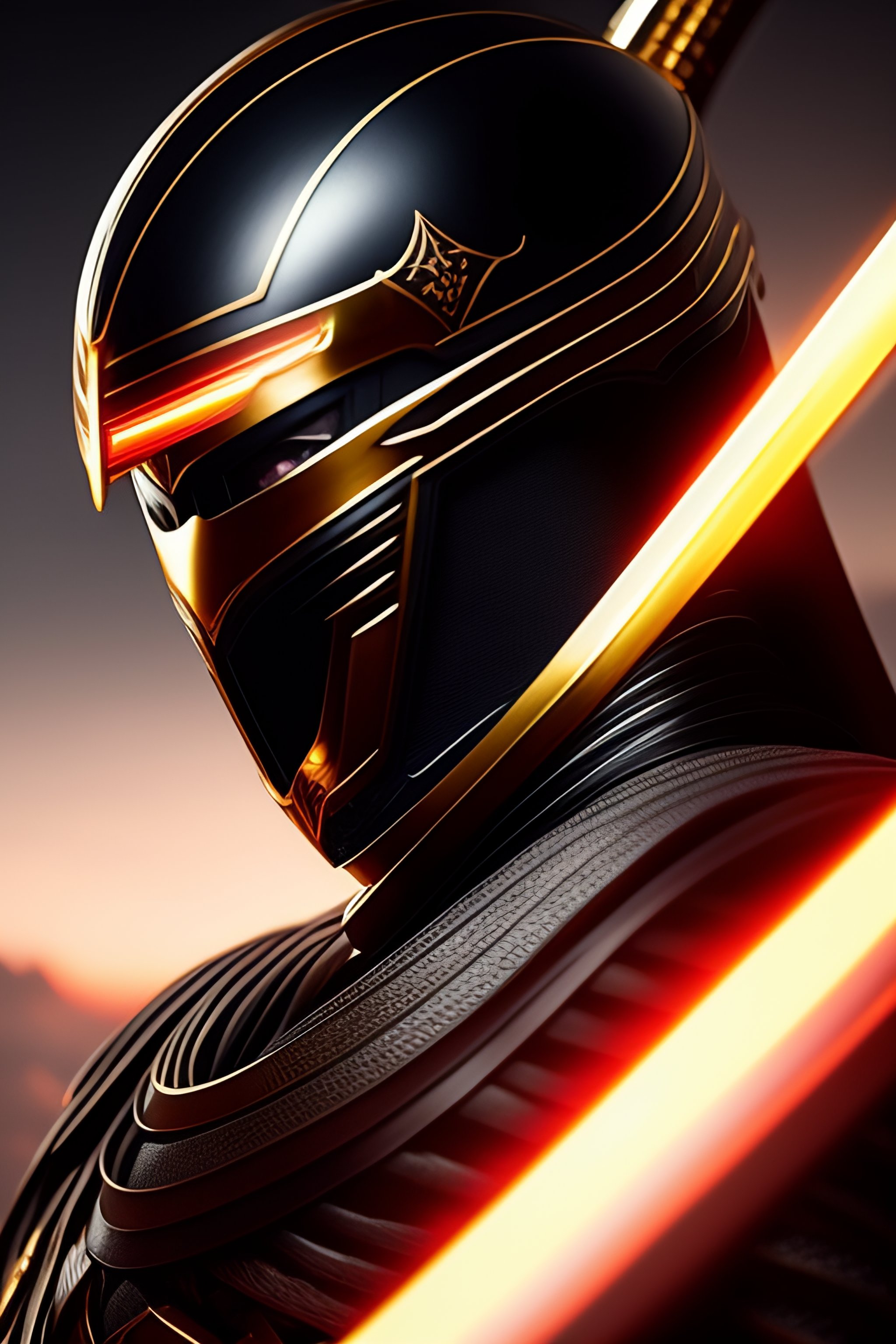 Lexica - Art brush style male cyborg ninja greek helmet long katana