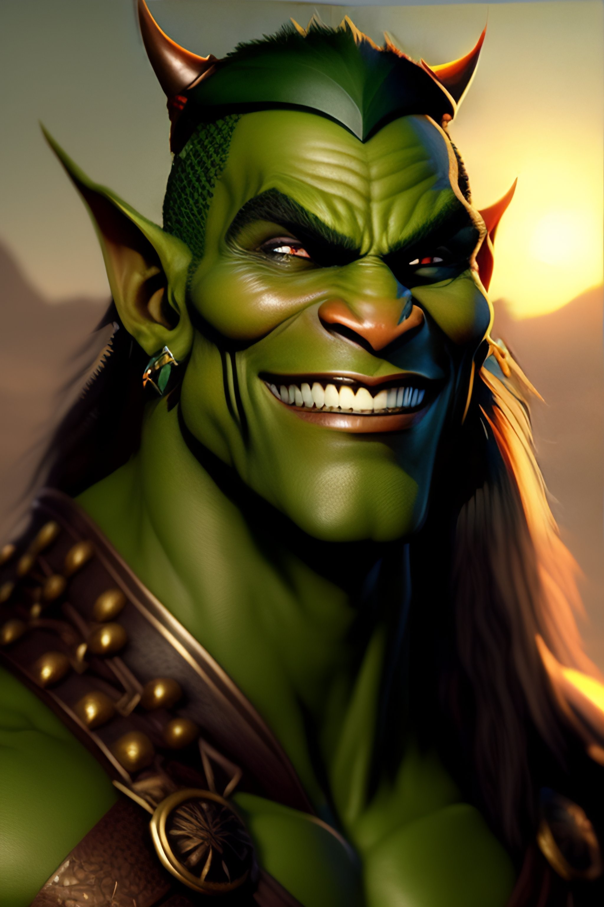 Lexica - Dark-green skinned friendly kind handsome orc, smiling