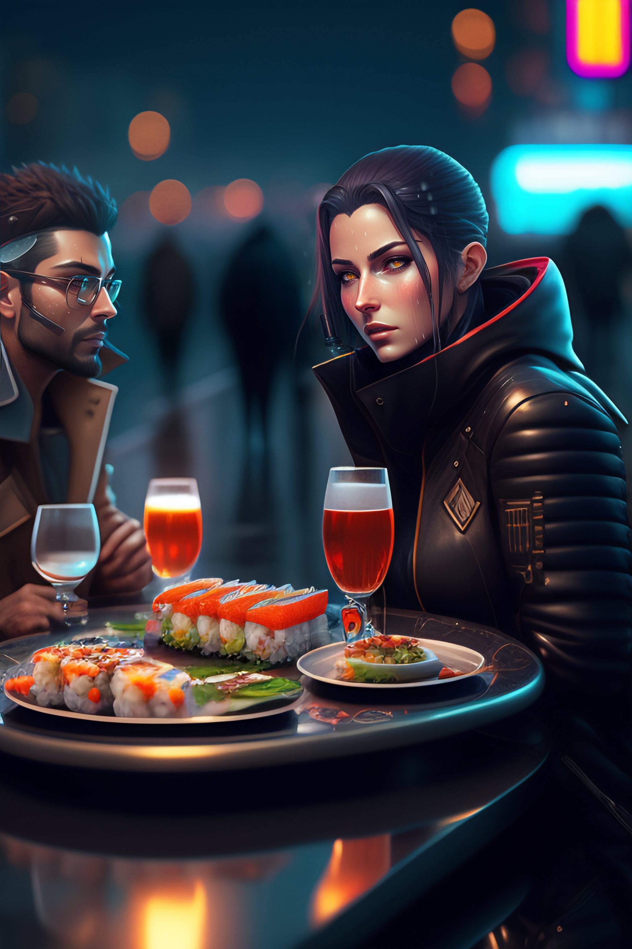 Lexica - A group of cyberpunk cyborg eating sushi on a table outside in ...