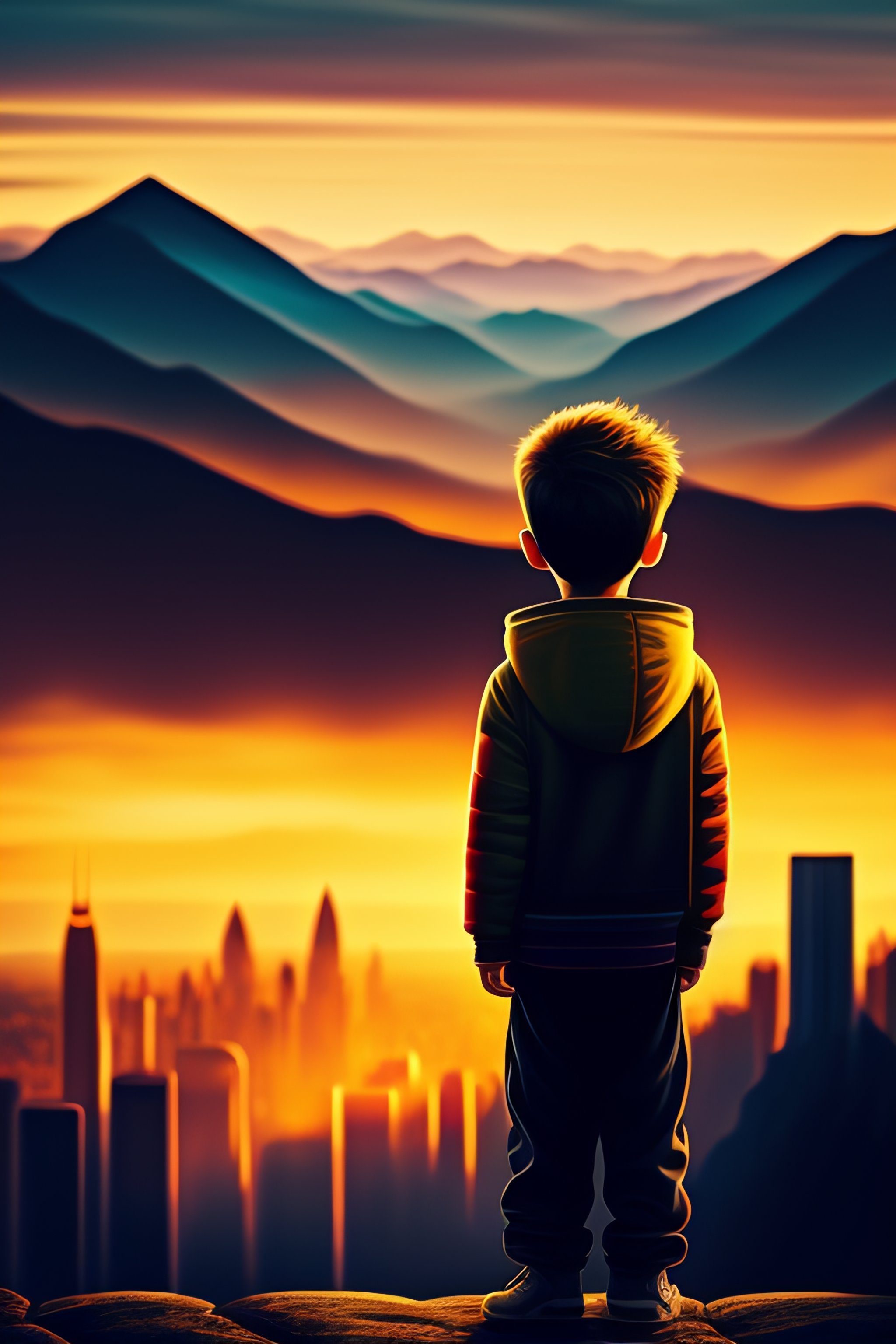 Lexica - The image depicts a lone boy standing on the peak of a ...